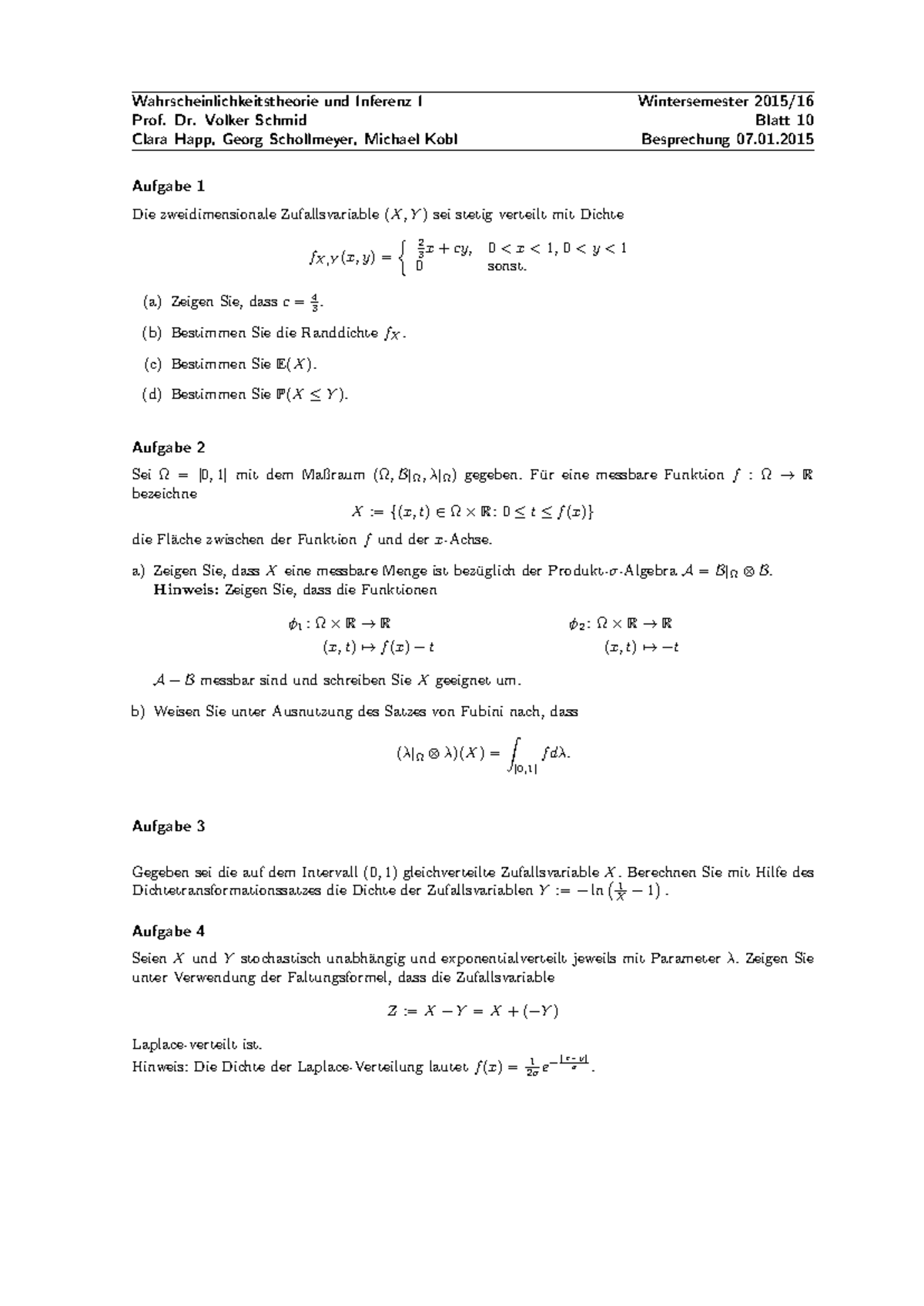 Blatt 10Aufgaben - Wahrscheinlichkeitstheorie und Inferenz I Prof. Dr ...