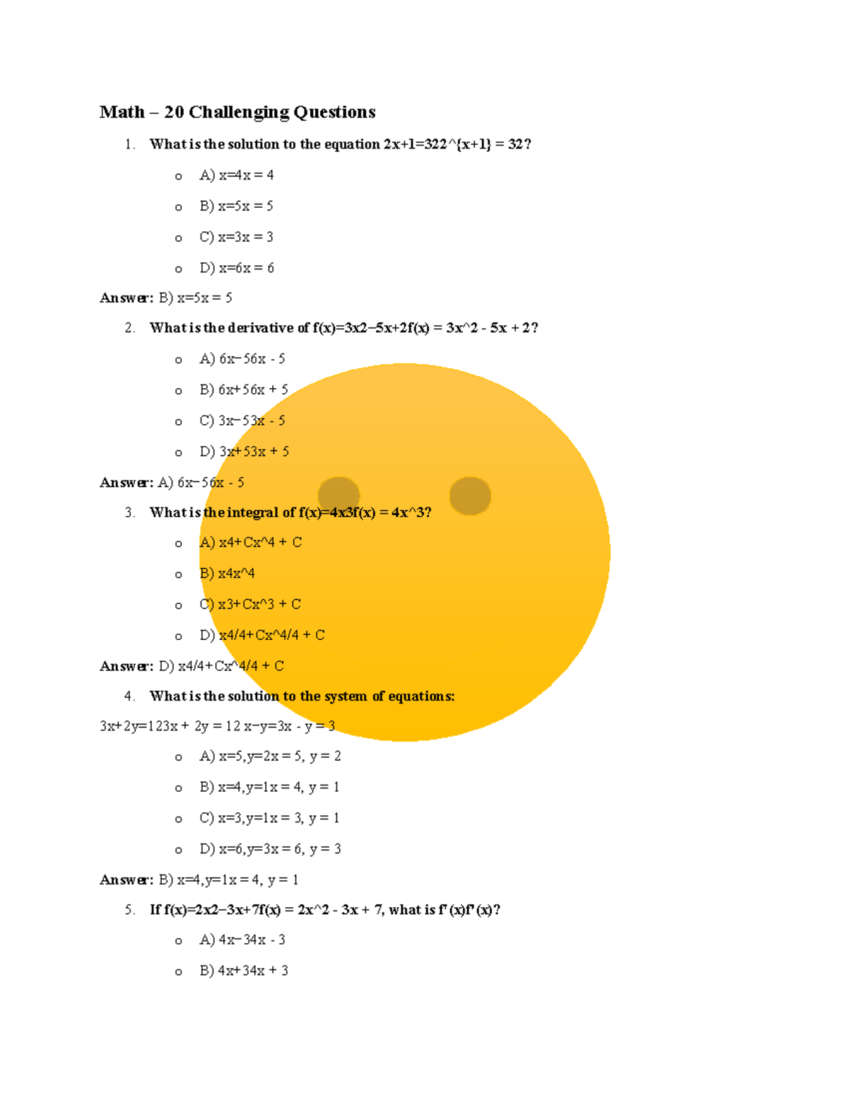 Math 20 Final Exam: Challenging Questions and Answers - Studocu