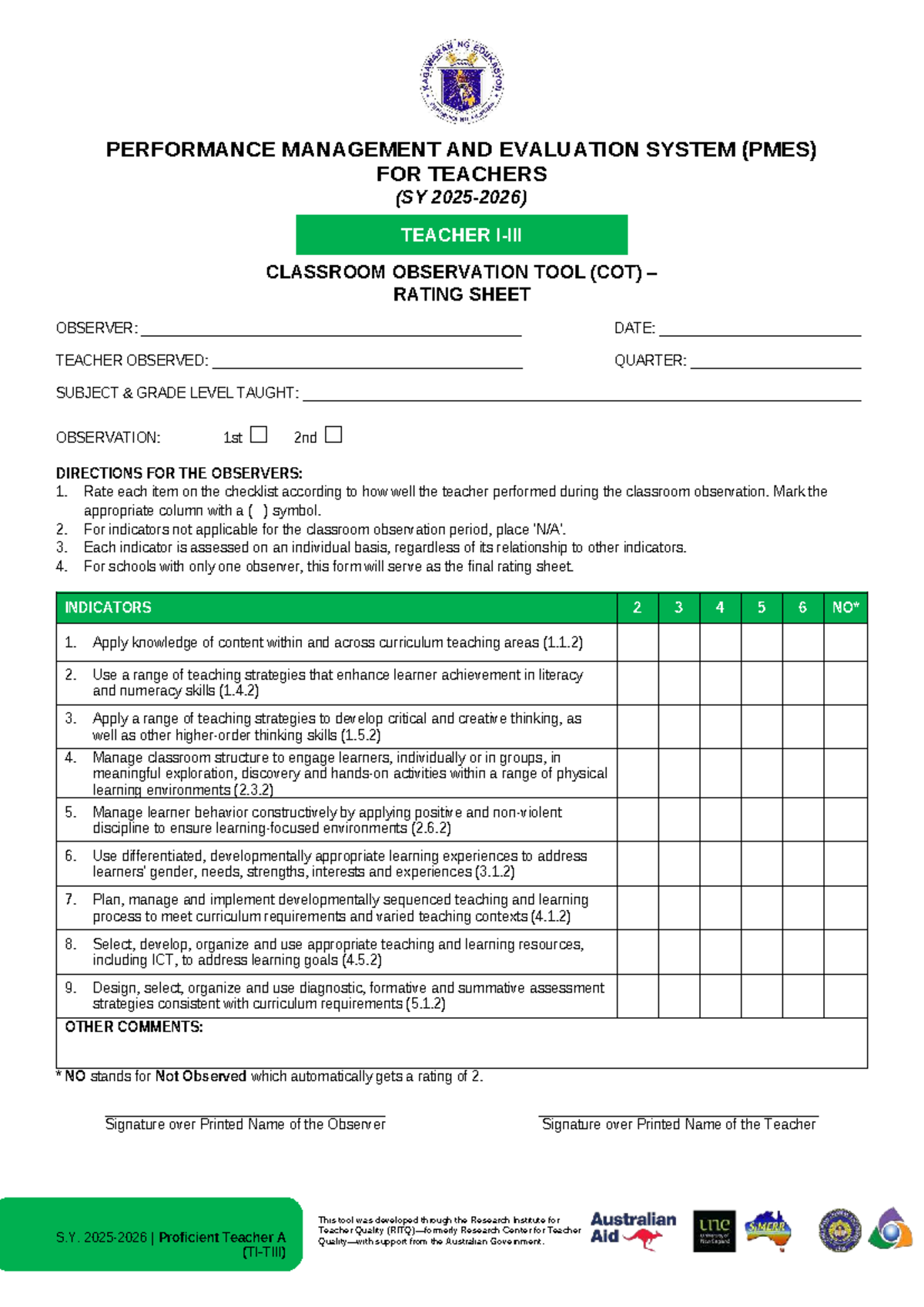 PMES Teacher Classroom Observation Tool (COT) Rating Sheet 2025-2026 ...