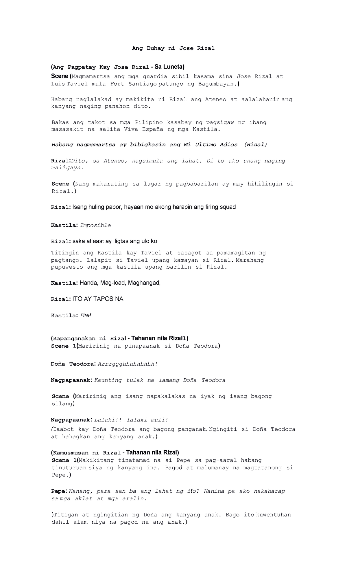 Final Script: Ang Buhay ni Jose Rizal at kanyang mga Sakripisyo - Studocu