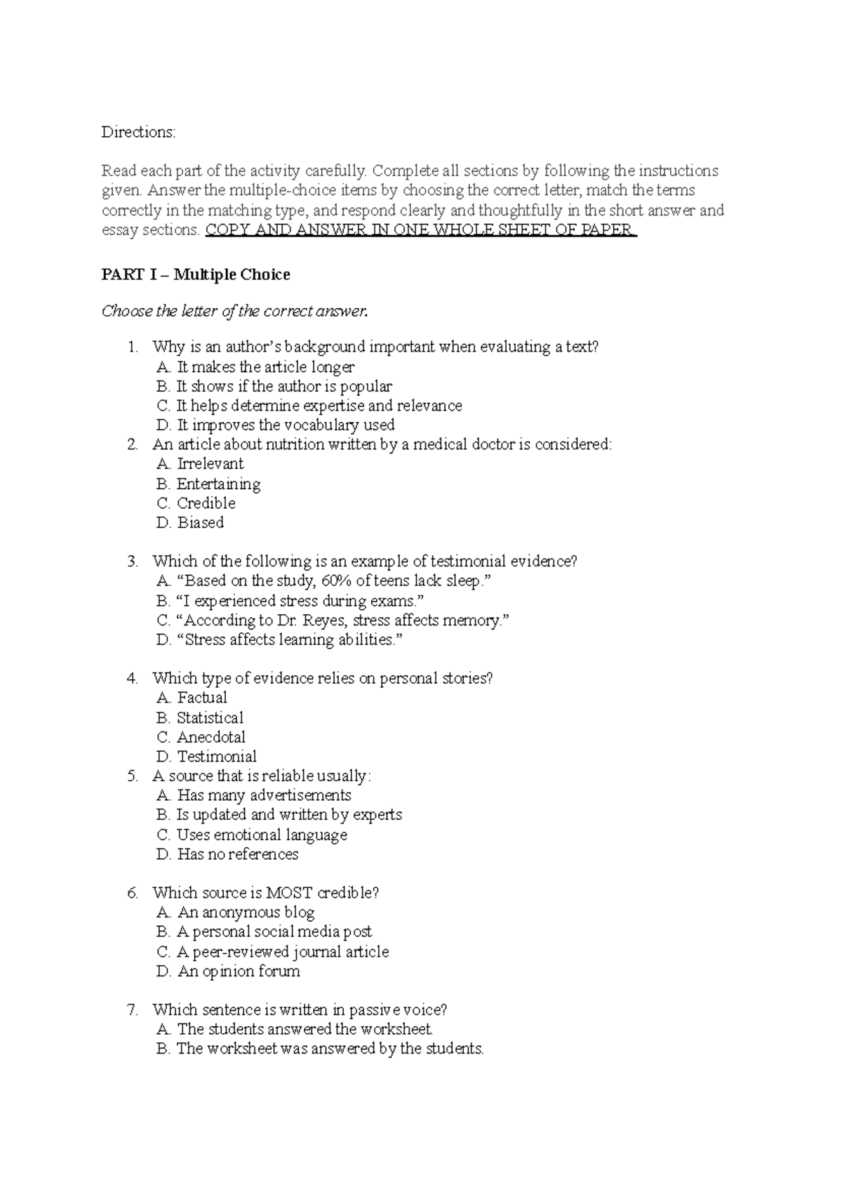 Activity Directions: Evaluating Sources & Writing Techniques (Feb.20 ...