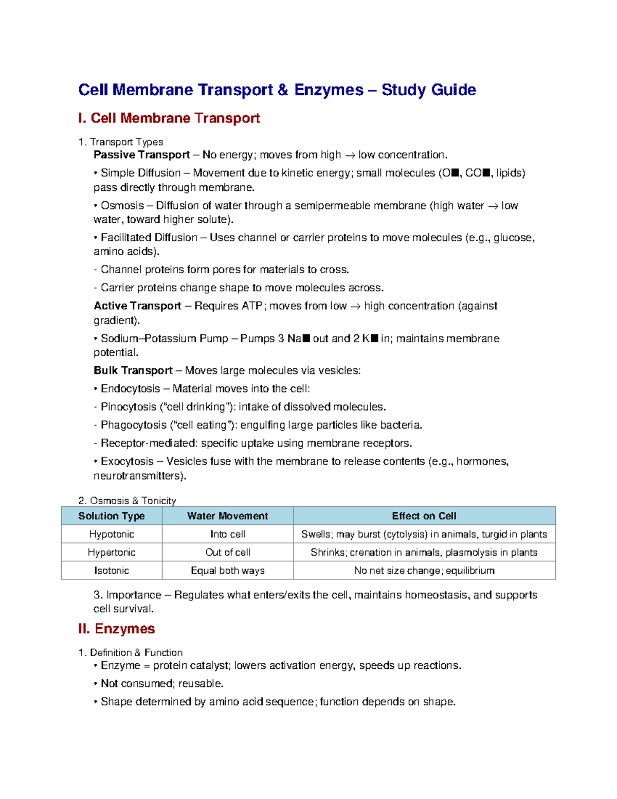 Cell Membrane Transport & Enzymes FULL Study Guide - Studocu