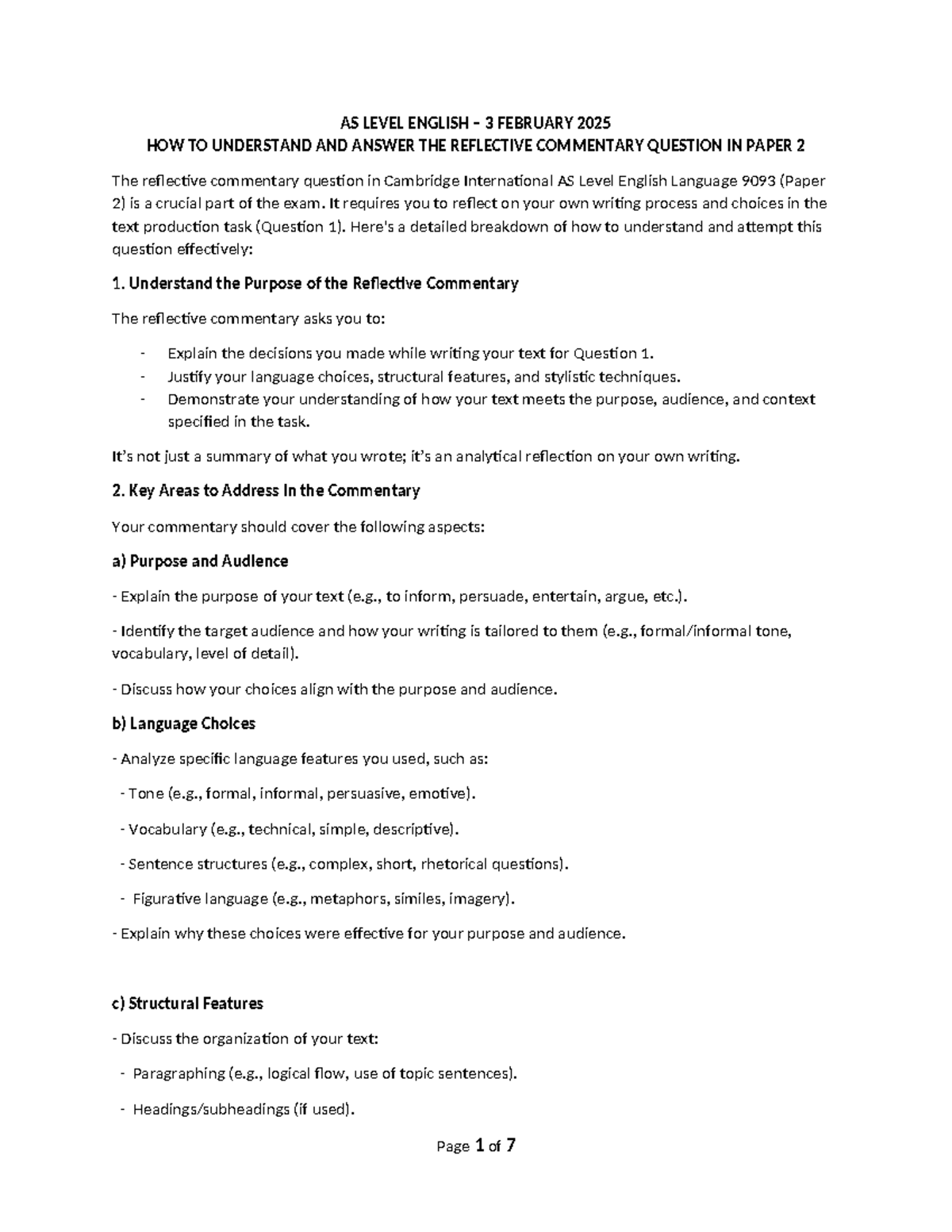 Reflective Commentary Guide for CIE A-Level English 9093 Paper 2 - Studocu
