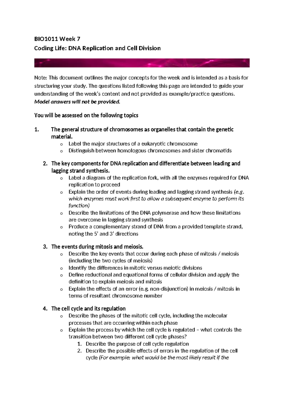 BIO1011 Week 7 Study Guide: DNA Replication & Cell Division Concepts ...