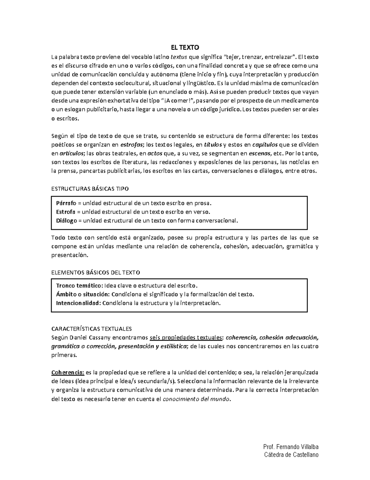 EL TEXTO: Teoría y Análisis en Castellano (Cátedra Prof. Villalba ...