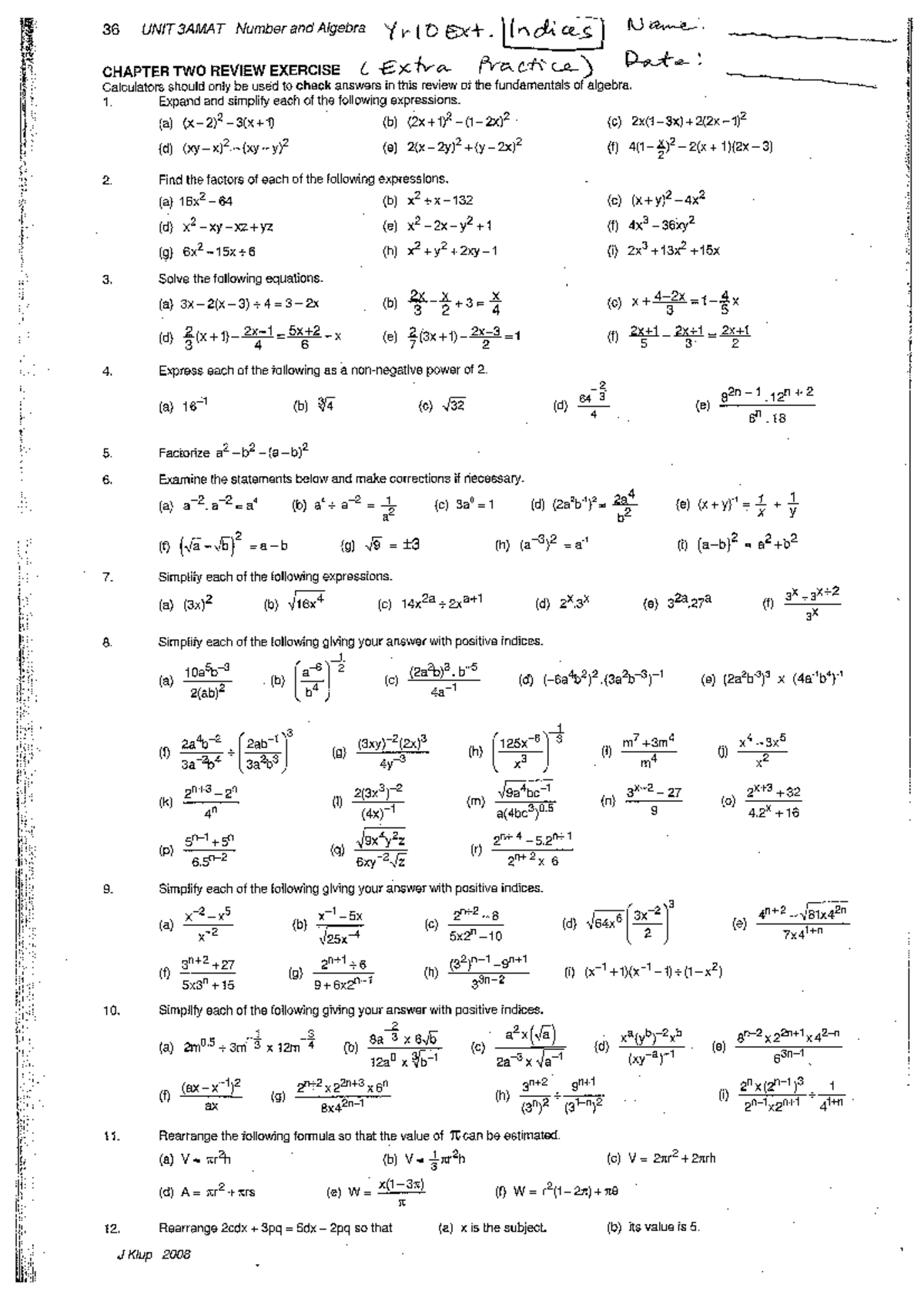2021 Yr10Ext Algebra & Indices Practice Exercises - Studocu