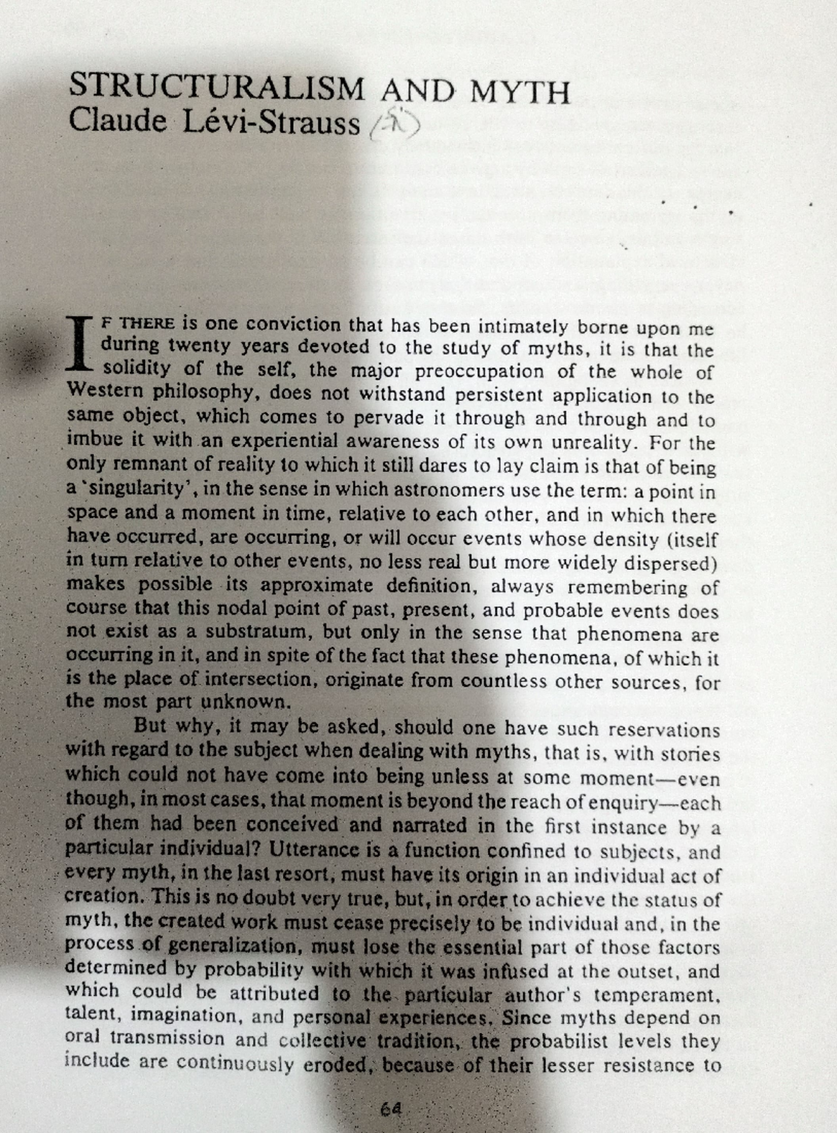 Structuralism and Myth - STRUCTURALISM AND MYTH Claude (5) I F THERE is ...