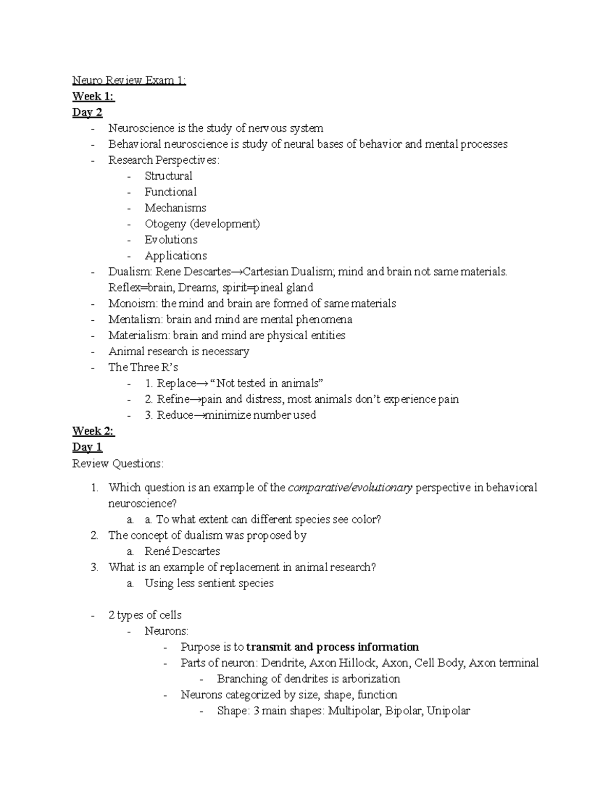 Neuro Review Exam 1: Comprehensive Study Guide for Neuroscience - Studocu