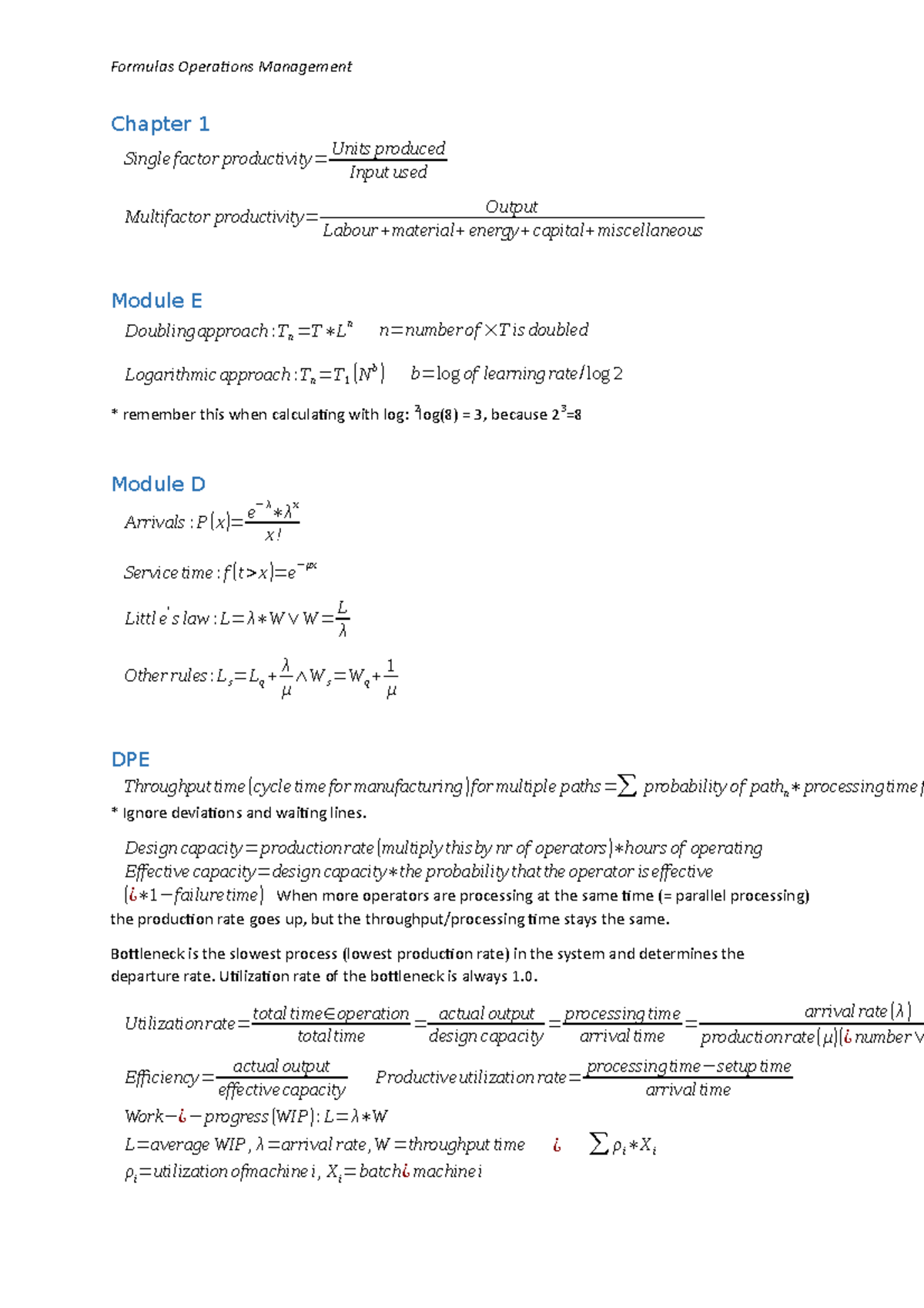 Formulas OM - Comprehensive Formula Sheet for Productivity and ...