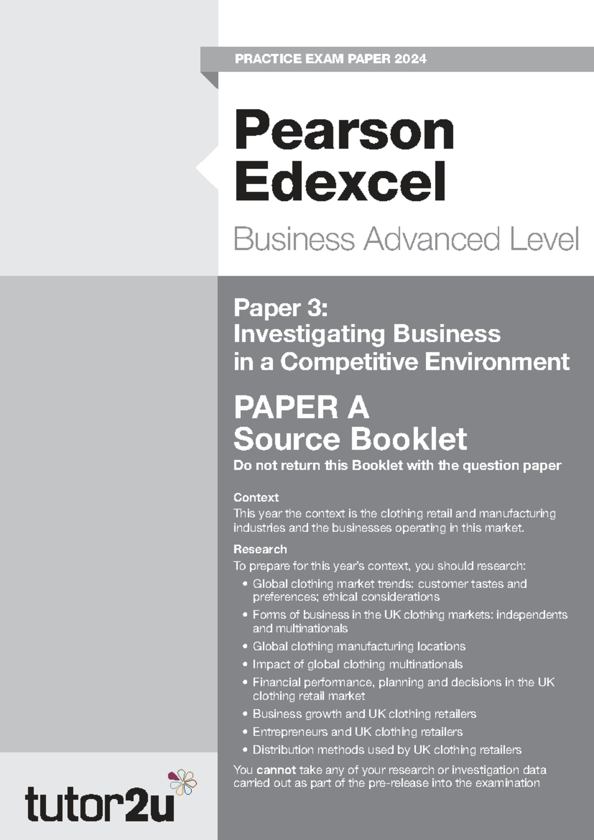 Edexcel A Level Business 3A Practice Exam Source Booklet 2024 - Studocu