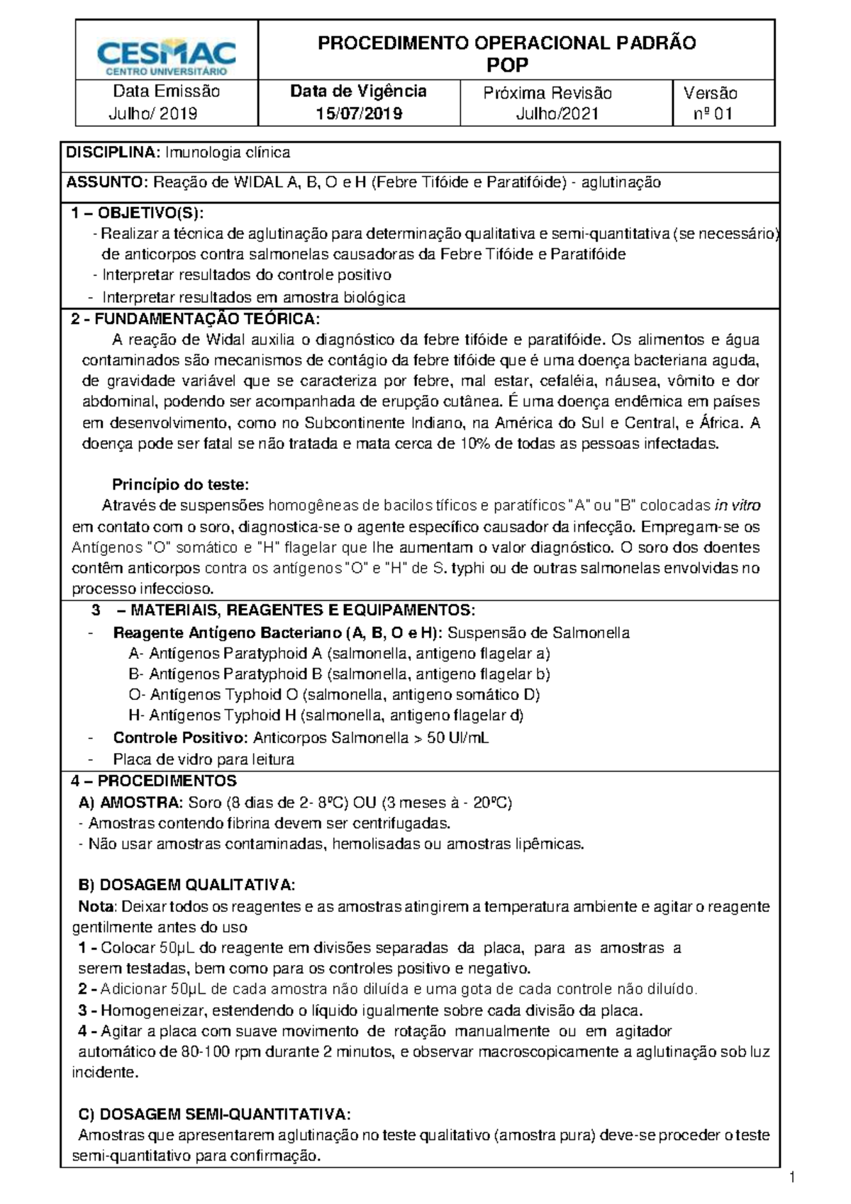 Aula Prática - Reação de Widal A B O e H (Febre Tifóide e Paratifóide ...