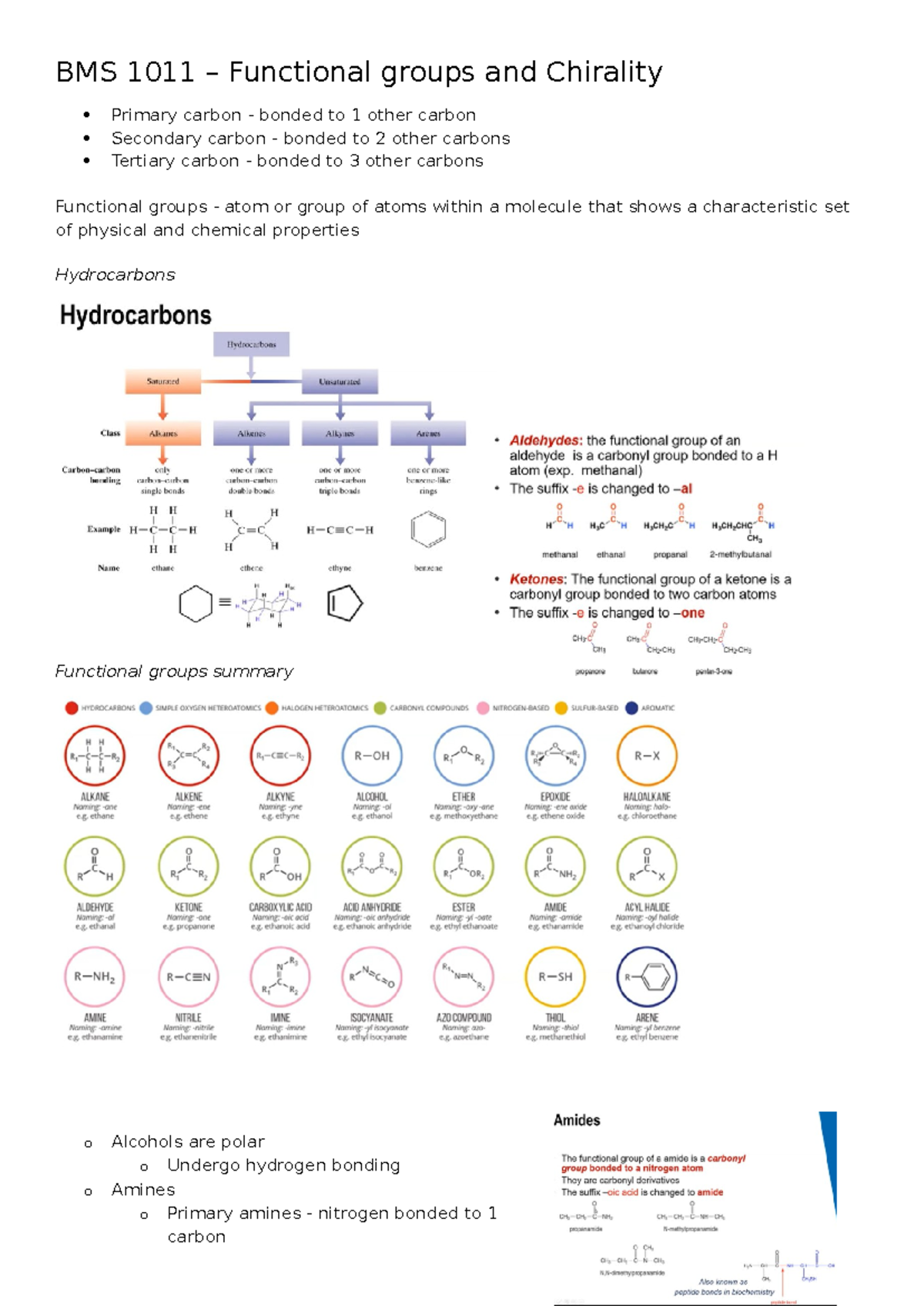 BMS 1011 Functional Groups and Chirality Notes - Studocu