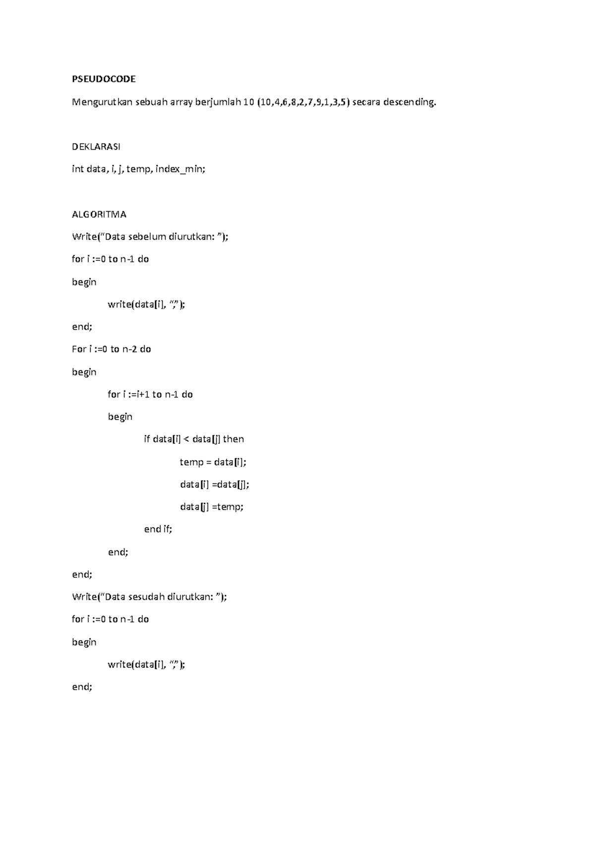 Pseudocode Selection Sort Pseudocode Mengurutkan Sebuah Array