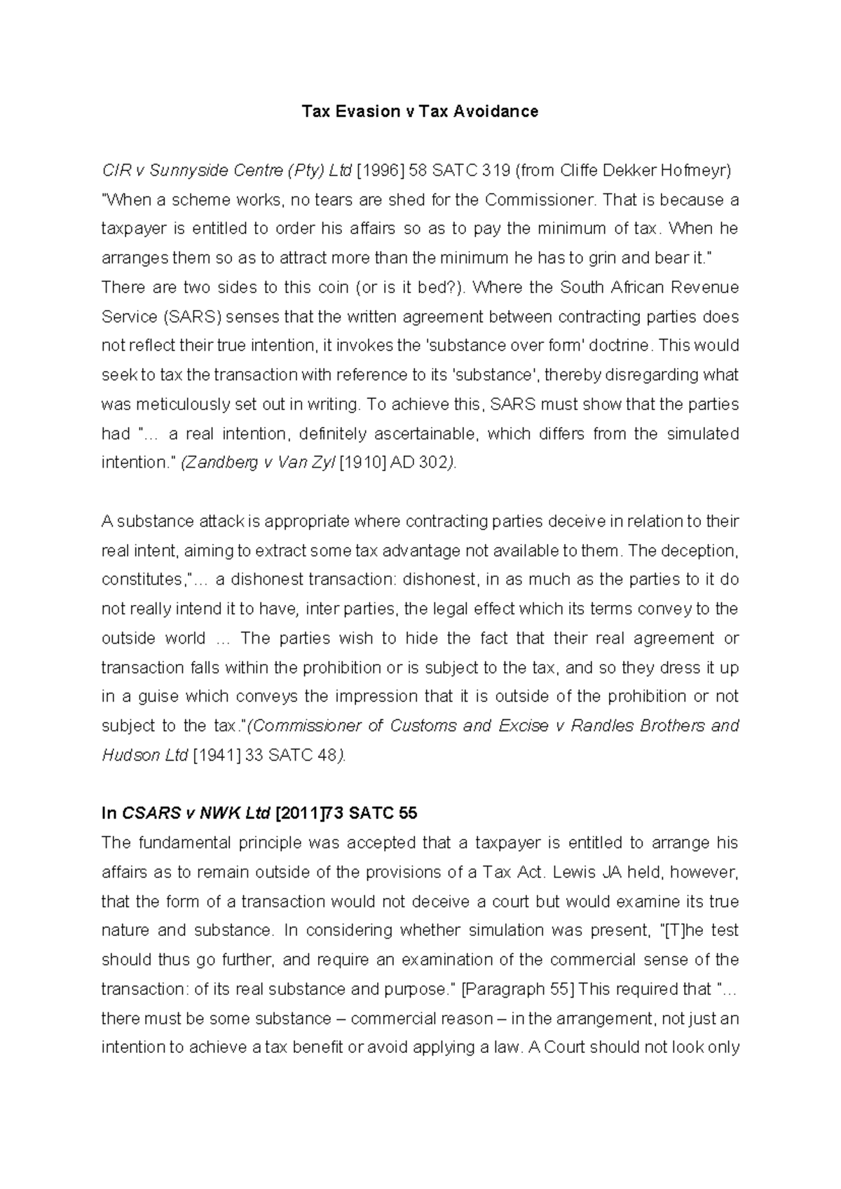 Tax Evasion vs Avoidance: Key Case Law Insights - NOTES - Studocu