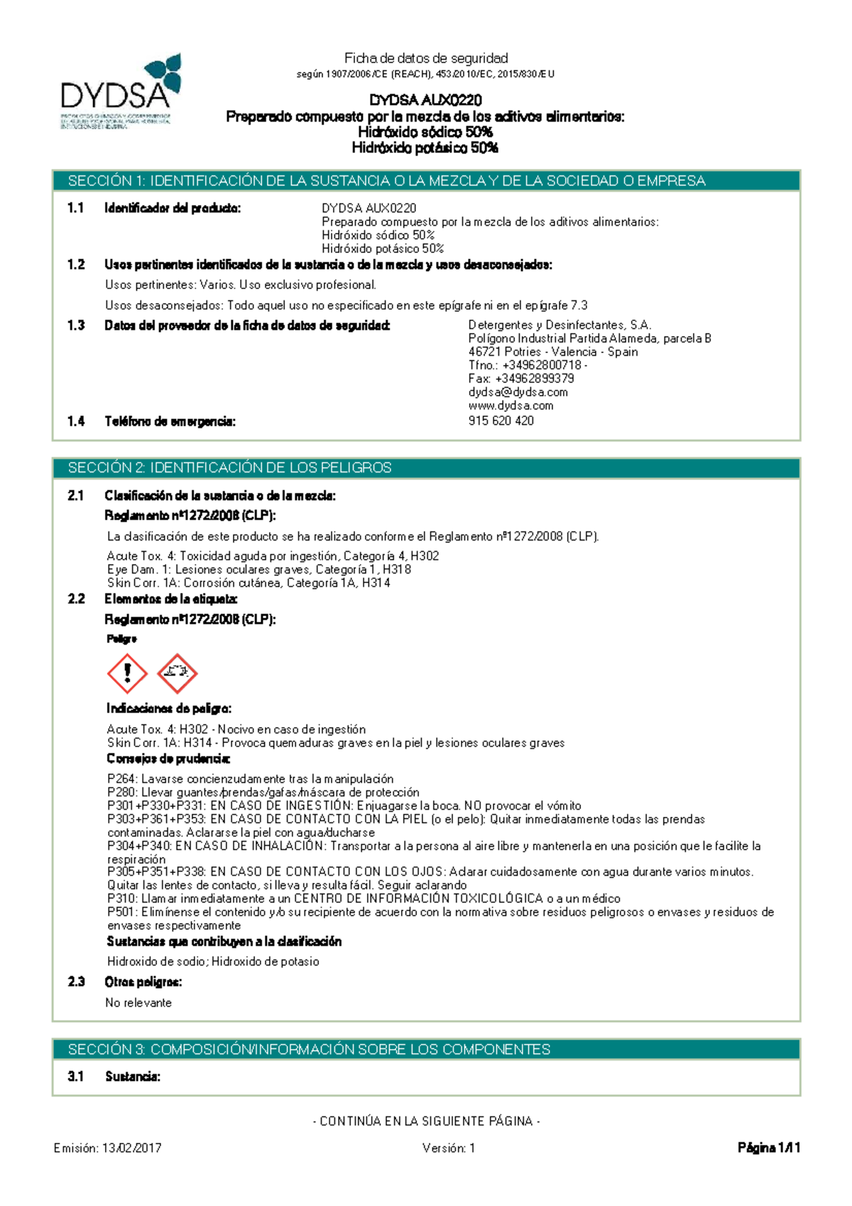 MSDS Dydsa AUX0220 - Hojas de seguridad - DYDSA AUX Preparado compuesto ...