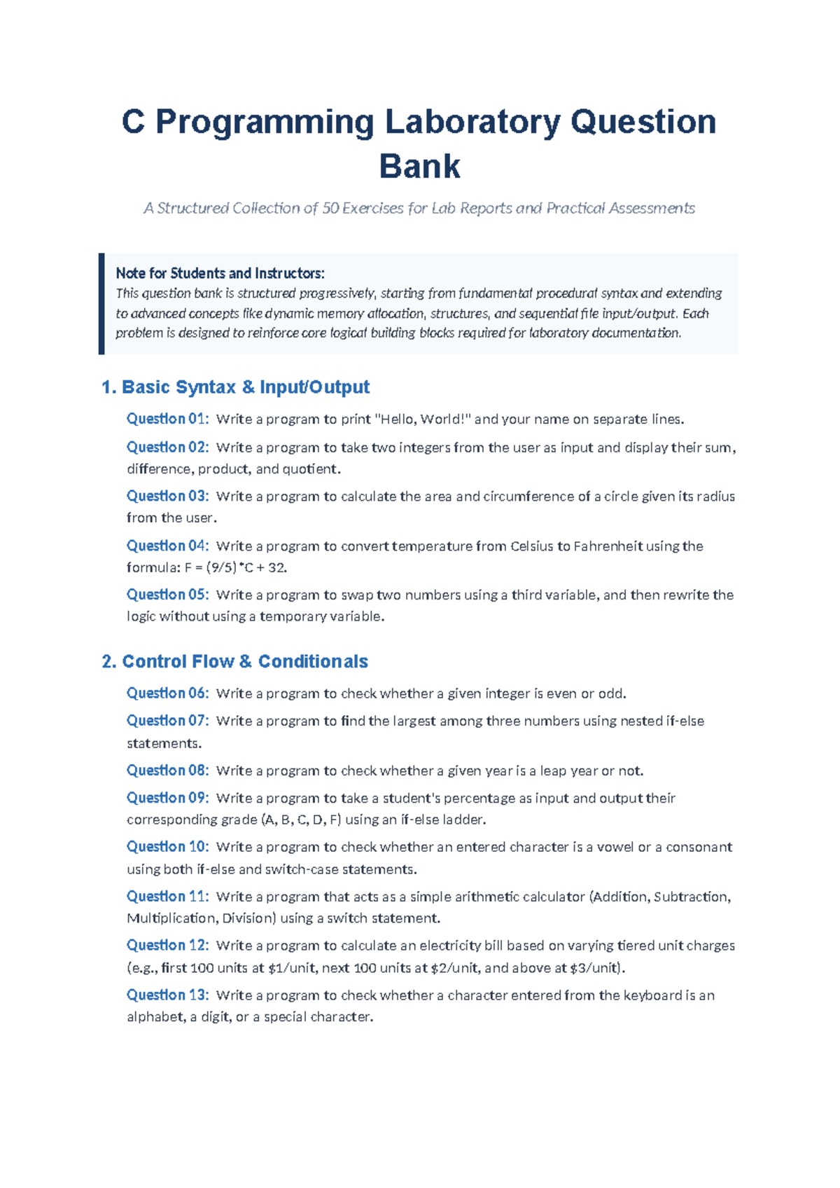C Programming Lab Questions Bank: 50 Structured Exercises - Studocu