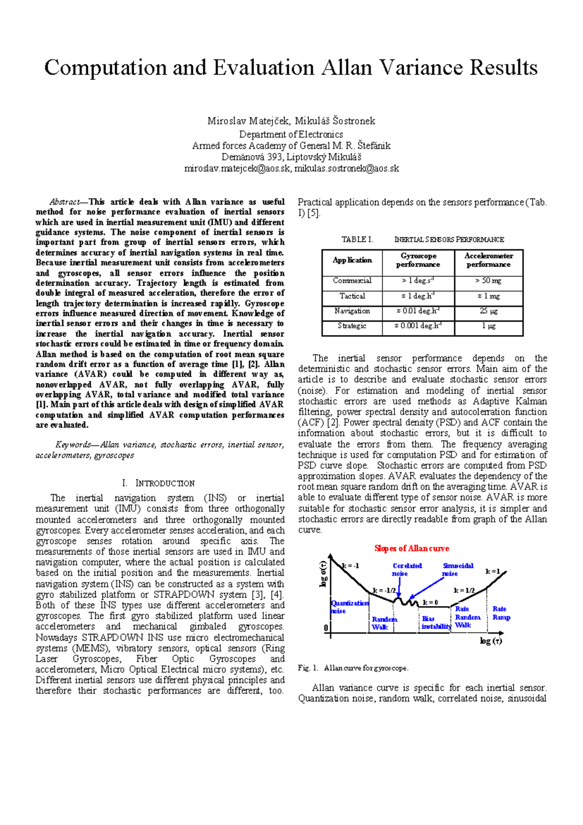 Allan Variance Evaluation for Inertial Sensors - Matejcek 2016 - Studocu