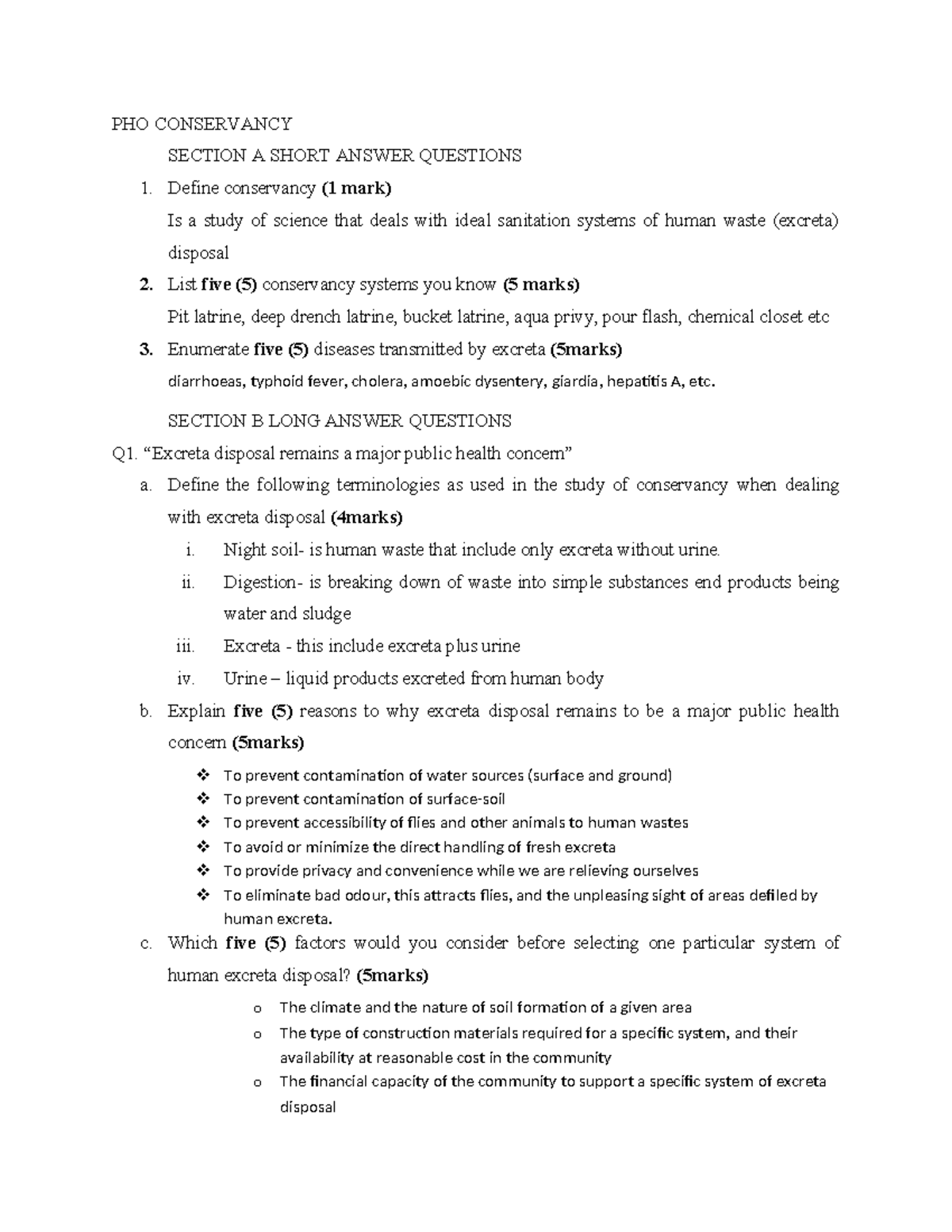 PHO 102 Conservancy Exam Questions and Marking Key - Studocu