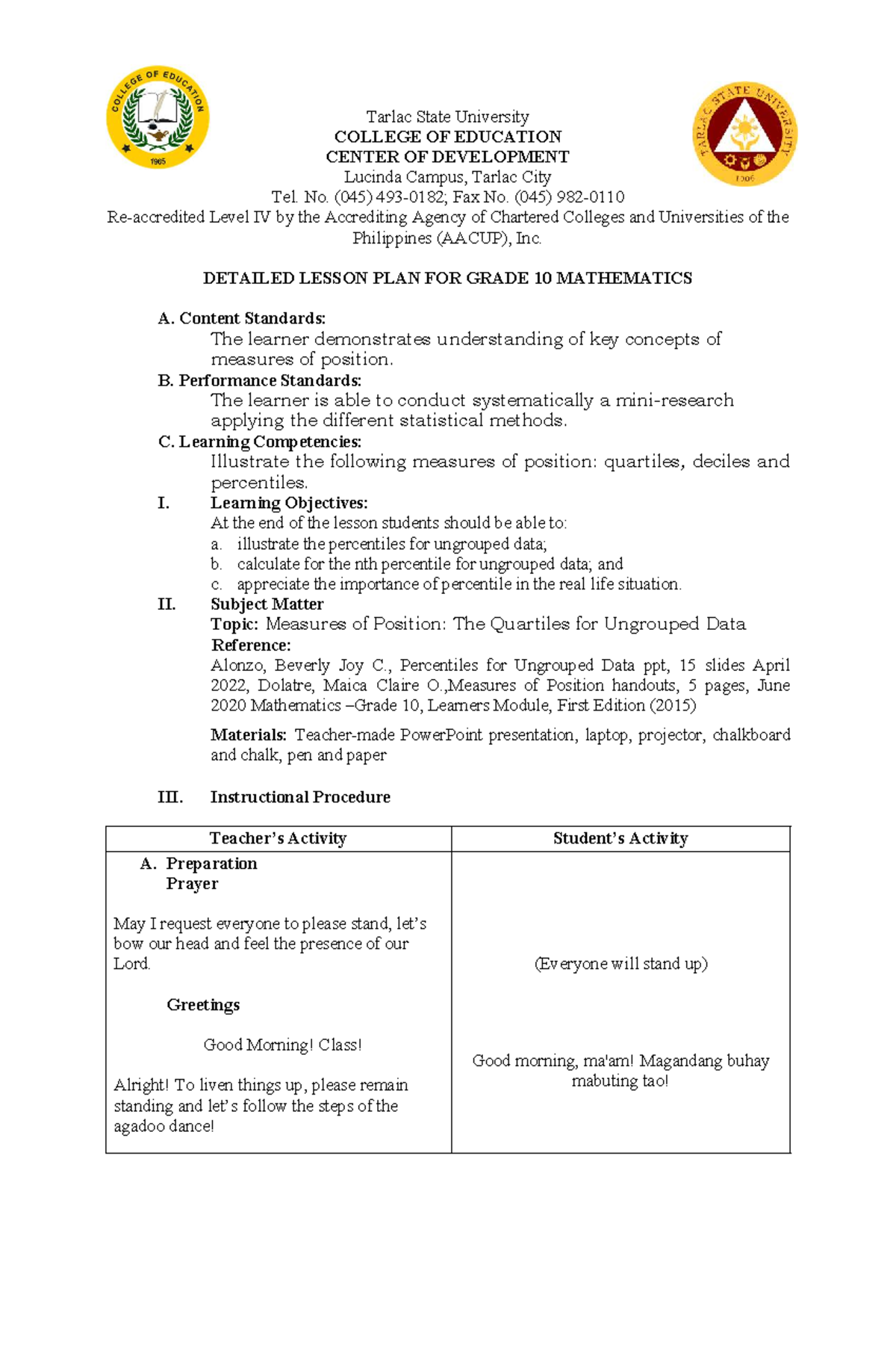 Detailed Lesson Plan: Percentiles for Ungrouped Data (Math 10) - Studocu