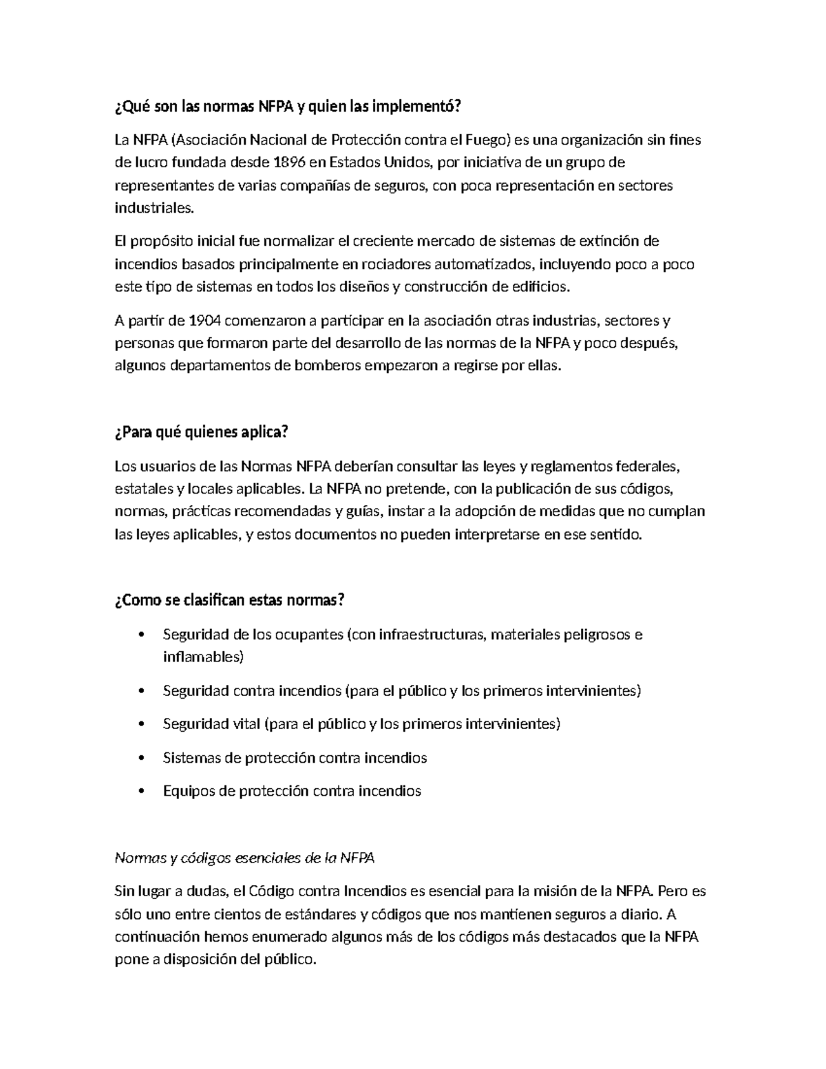 NFPA - Resumen de la Importancia y Normas Esenciales de la NFPA - Studocu
