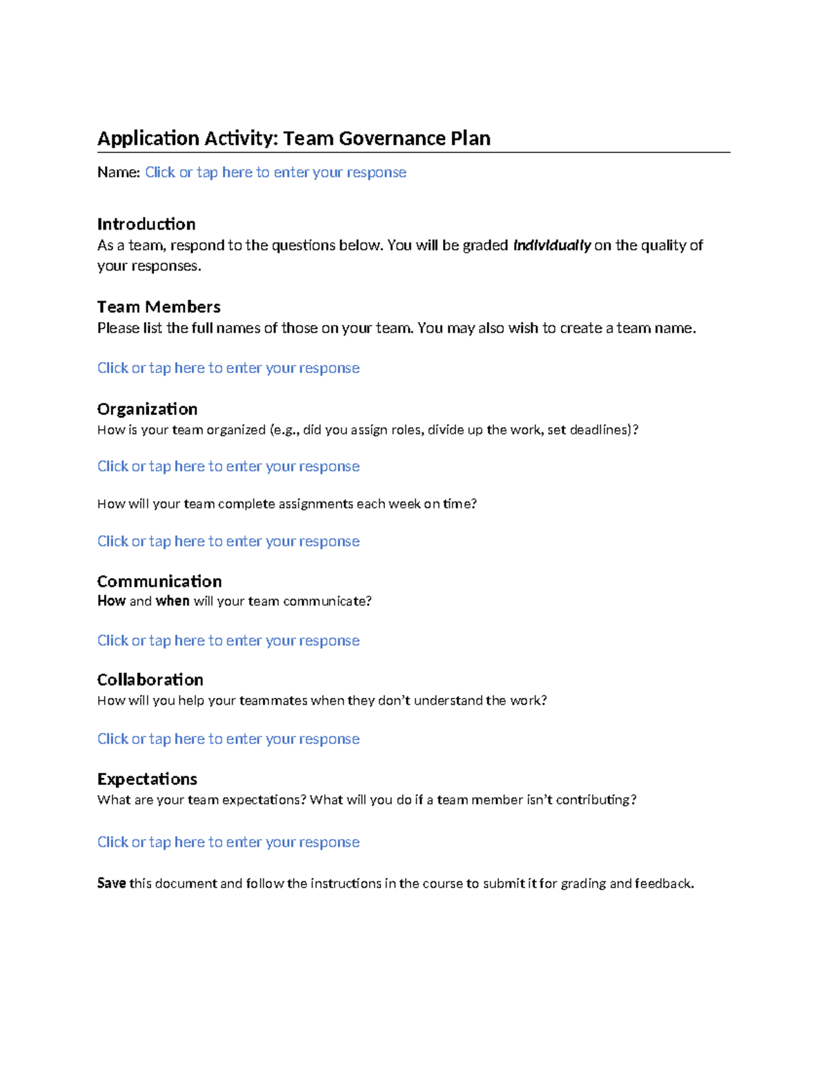 WK4 Team Governance Plan: Application Activity Template - Studocu
