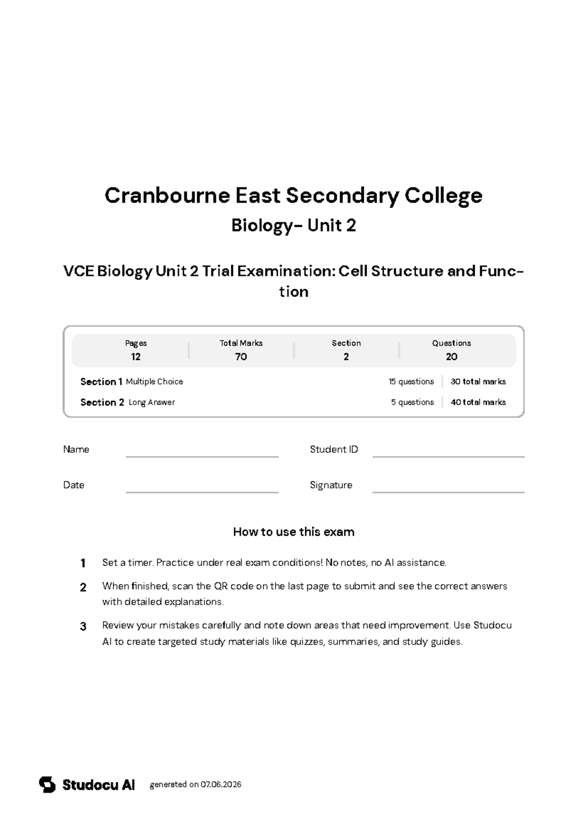 VCE Biology Unit 2 Trial Exam: Cell Structure & Function - Studocu