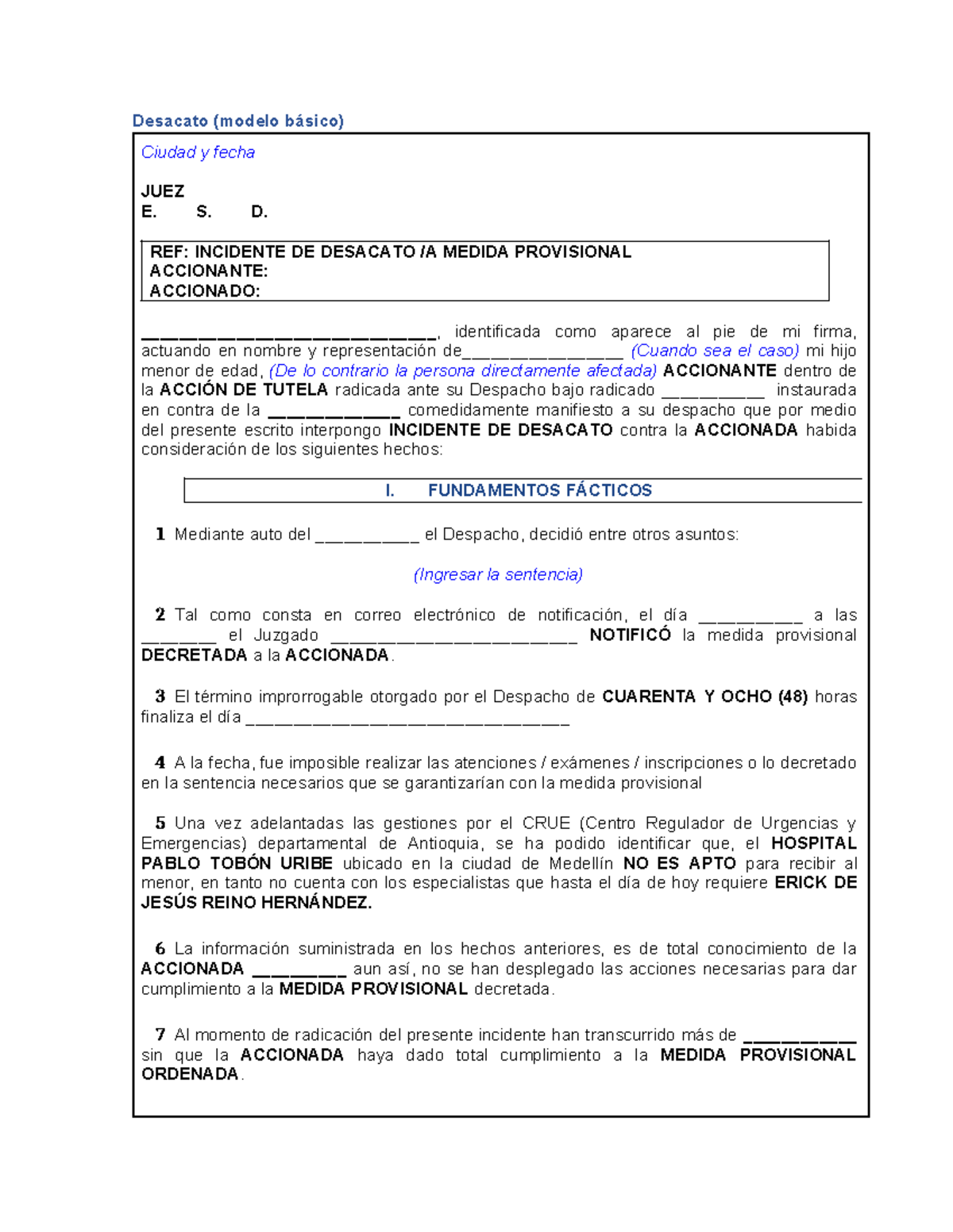 Modelo de Incidente de Desacato - Acción de Tutela 2023 - Studocu