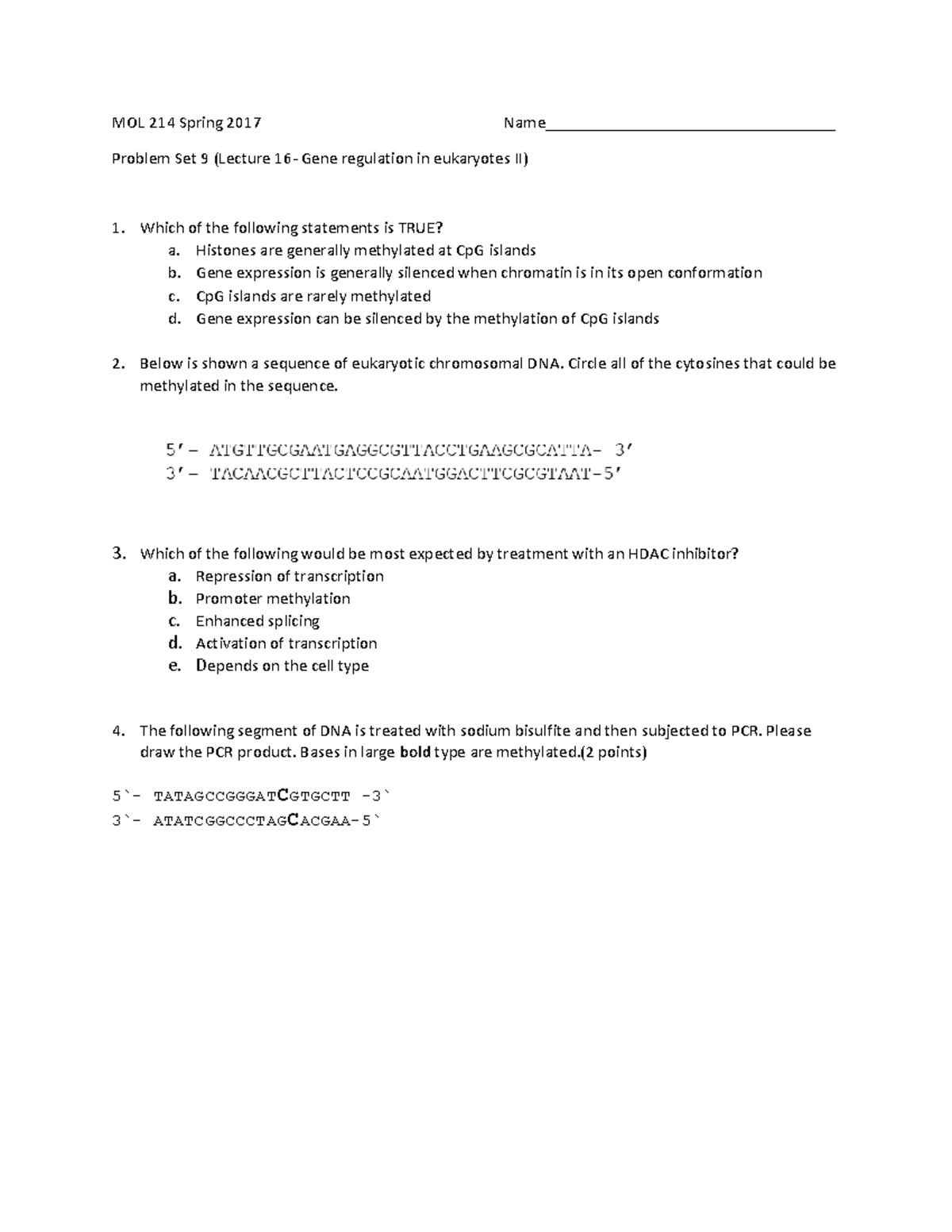 MOL 214 Problem Set 9 - Professor Daniel Notterman, Professor Elizabeth ...