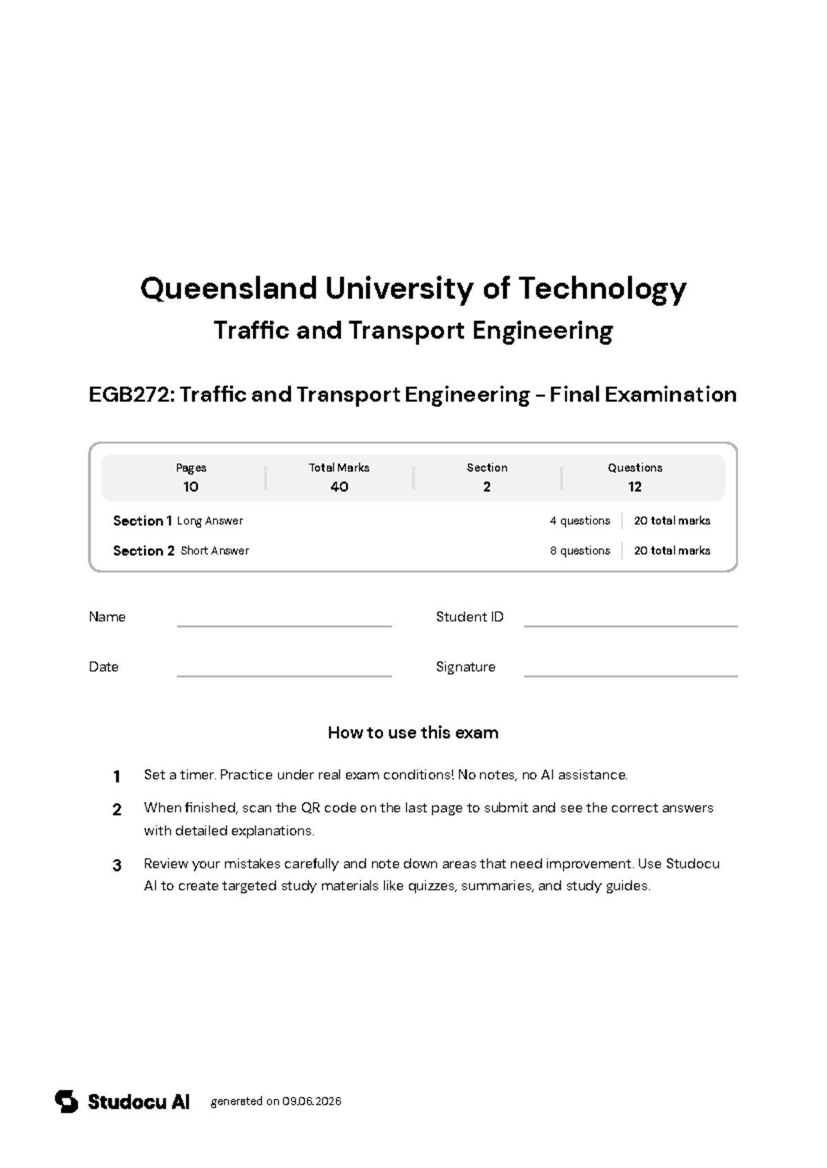 EGB272: Traffic and Transport Engineering - Final Exam - Studocu
