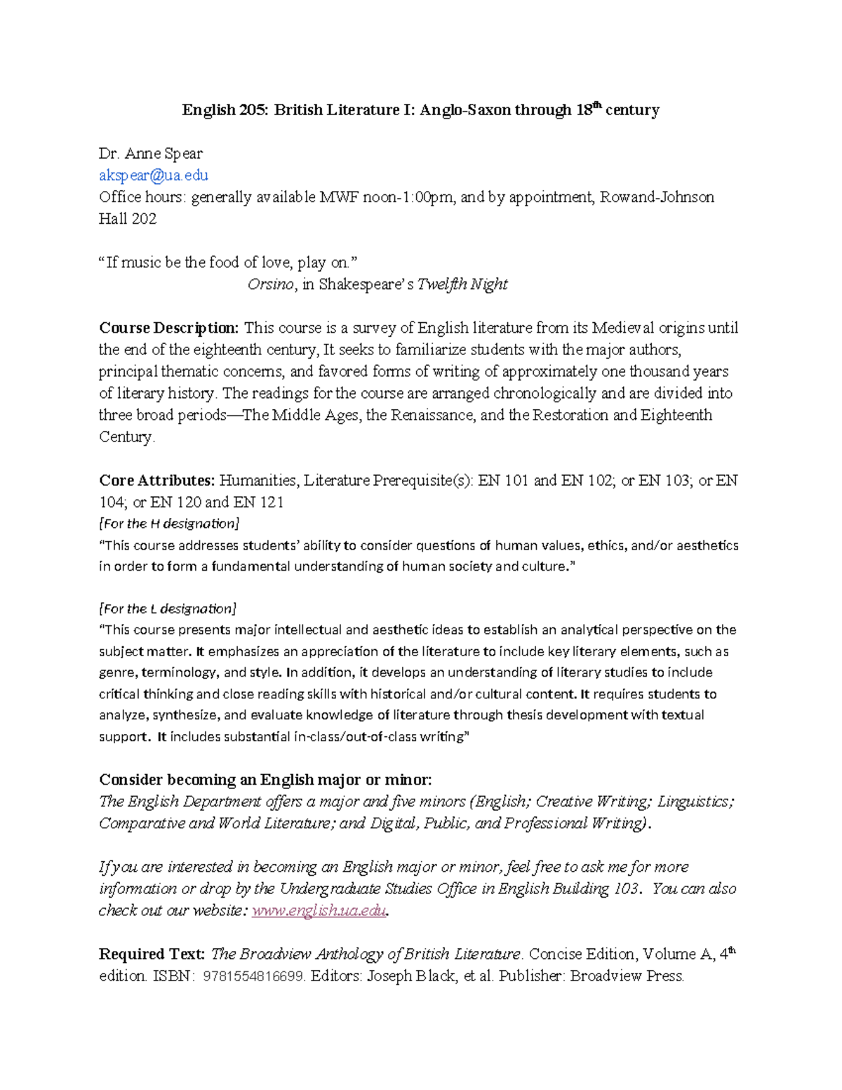 English 205: British Literature I - 18th Century Overview and Schedule ...