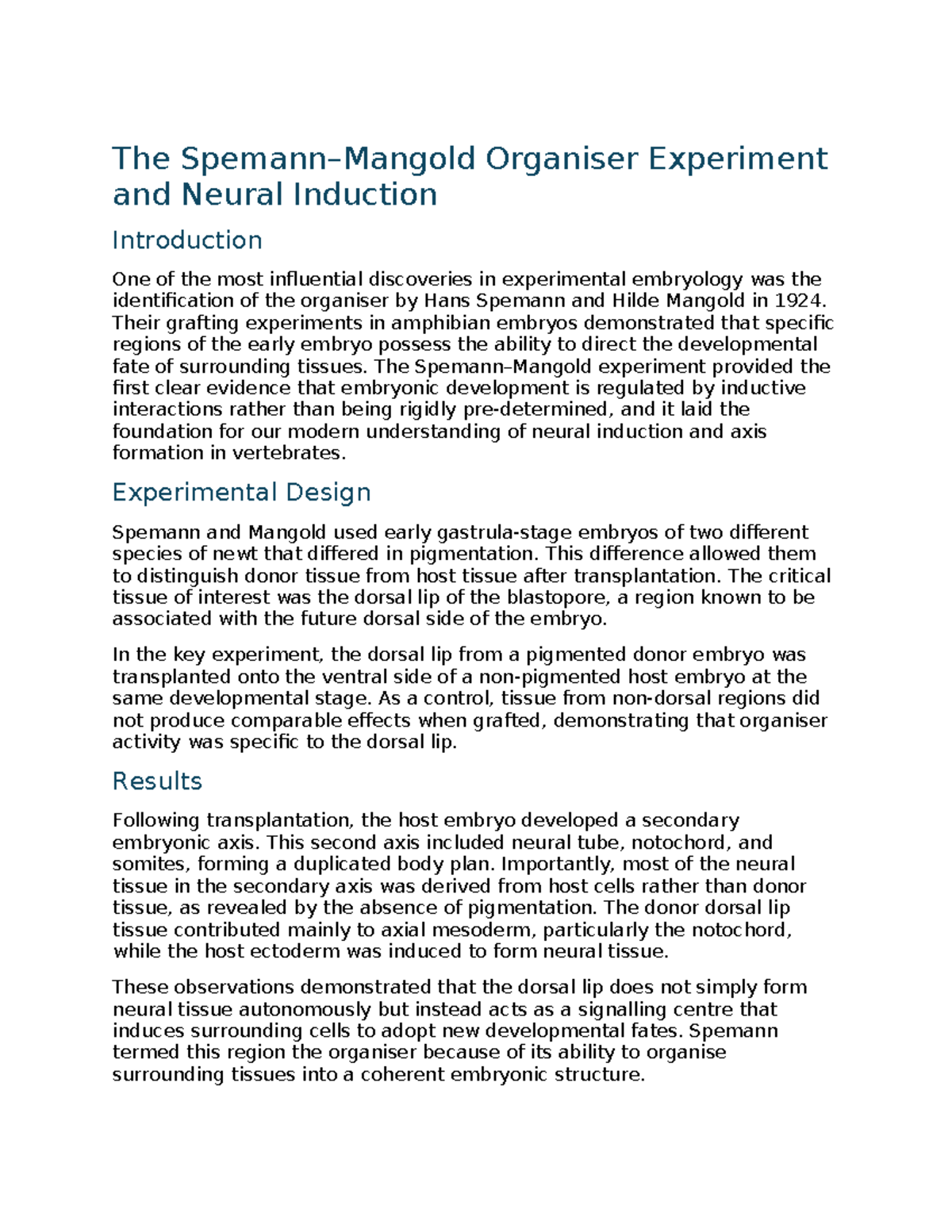 Spemann-Mangold Experiment: Insights into Neural Induction - Studocu