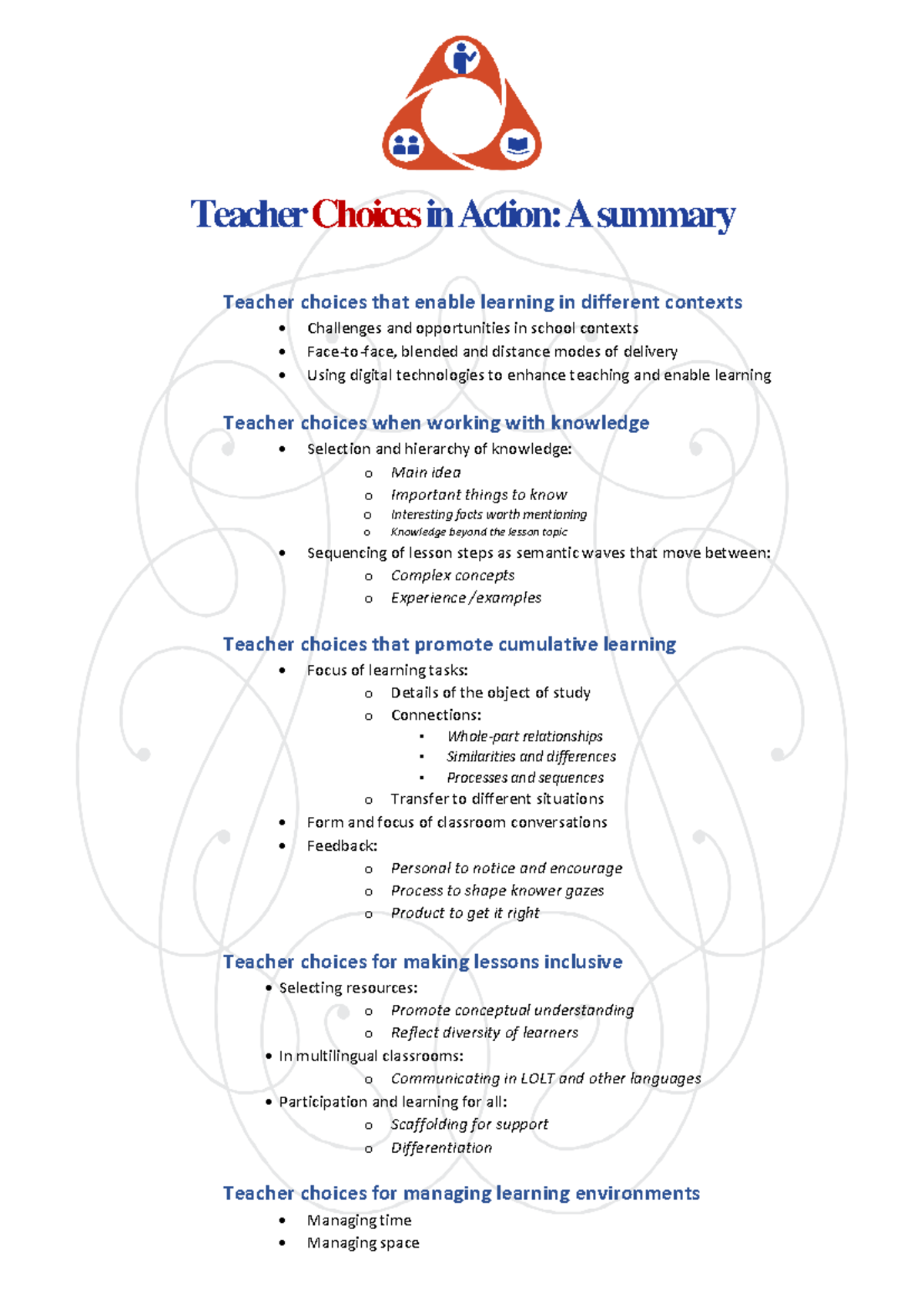 Teacher Choices in Action: Summary of Key Concepts for Inclusive ...