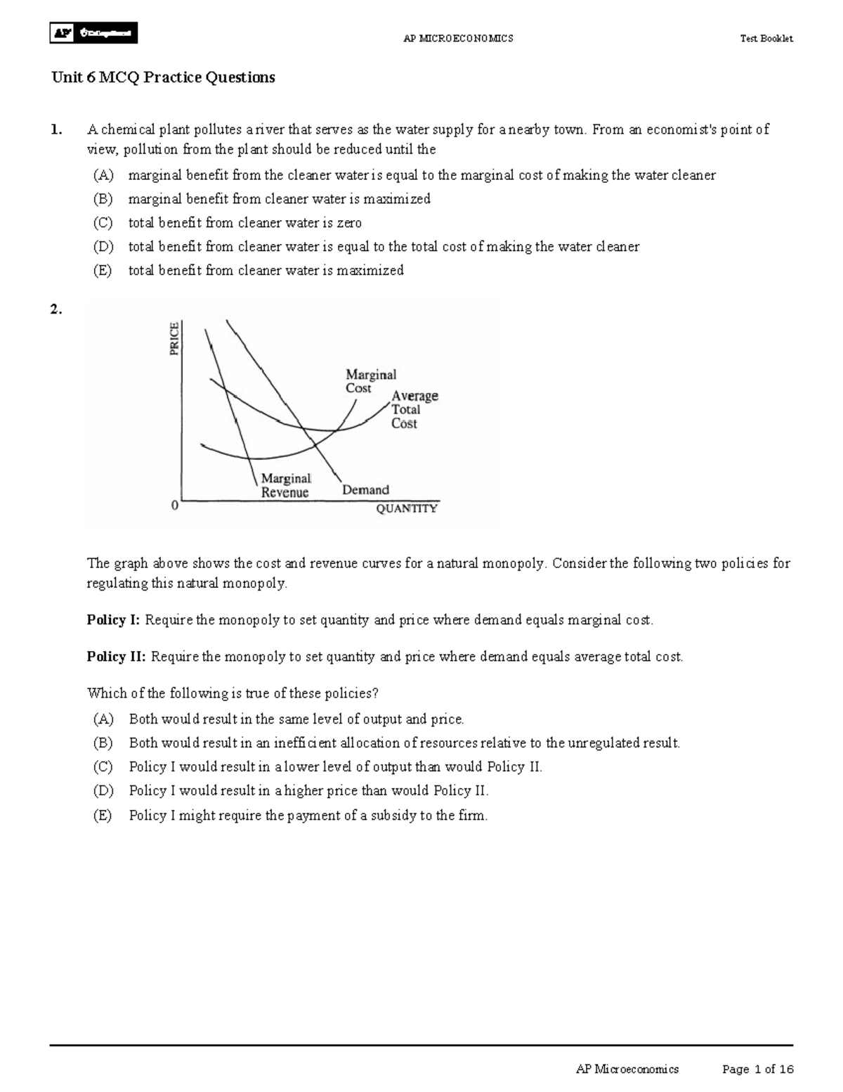 AP MICROECONOMICS Unit 6 MCQ Practice Questions Test Booklet - Studocu