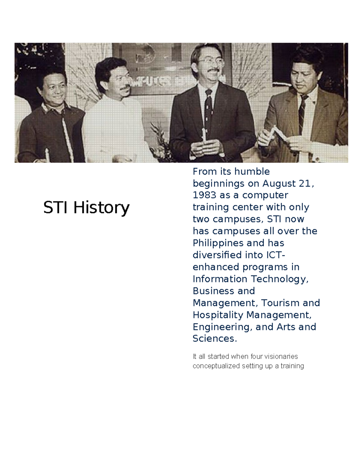 STI History: From Training Center to Educational Leader in ICT - Studocu