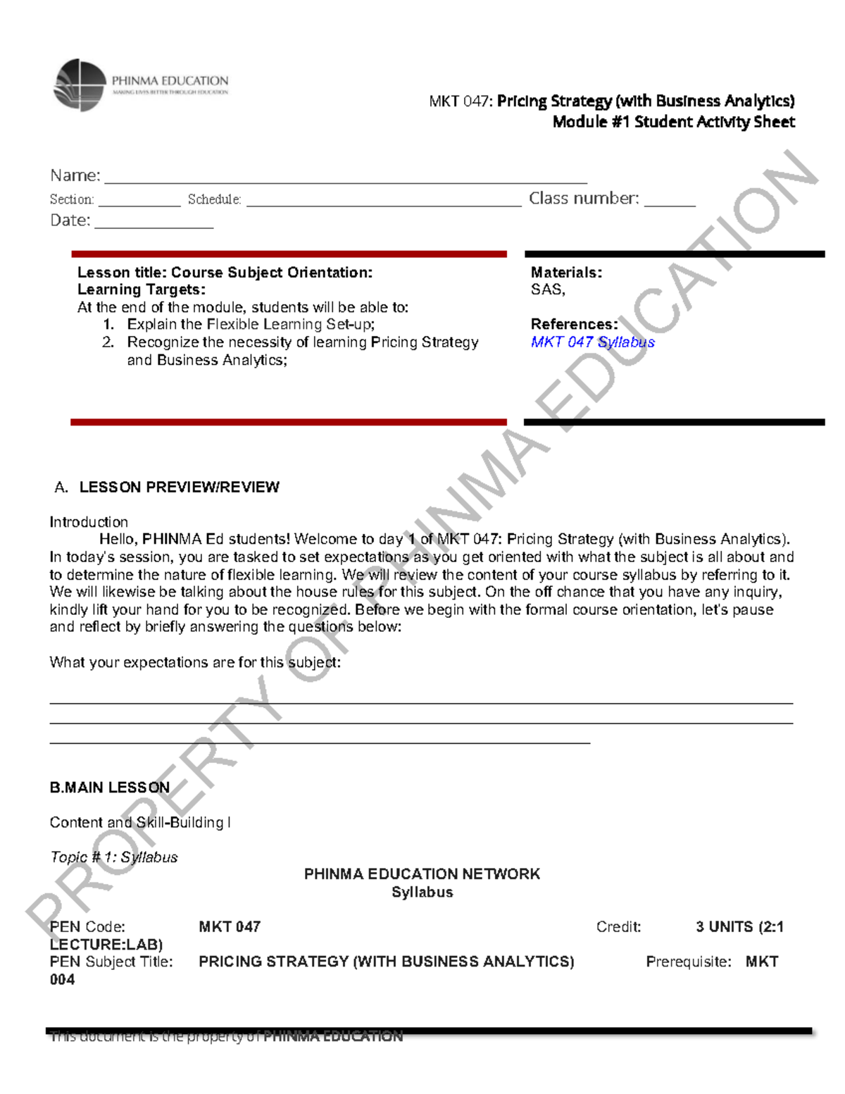 MKT 047: Pricing Strategy (with Business Analytics) Orientation Guide ...