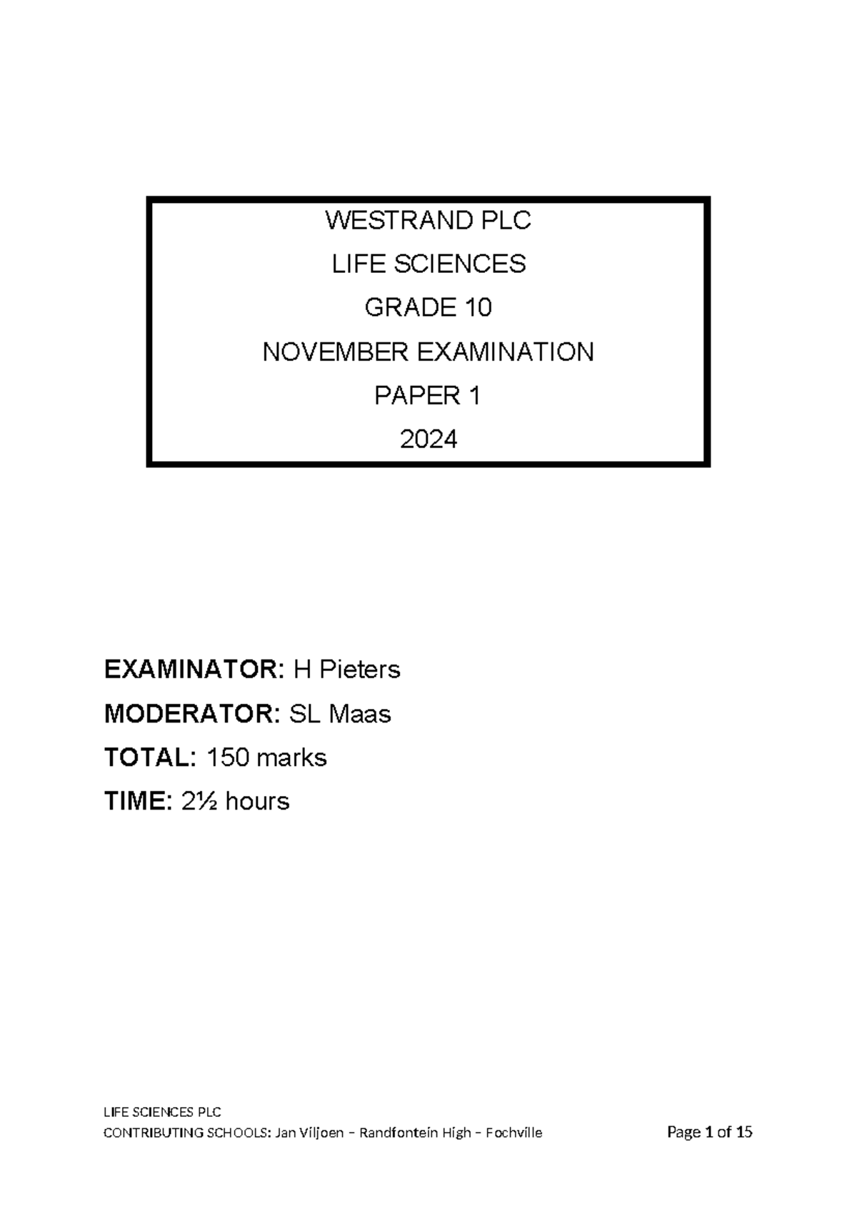 P1 GR 10 LS NOV 2024 - Life Sciences Examination Paper - Studocu