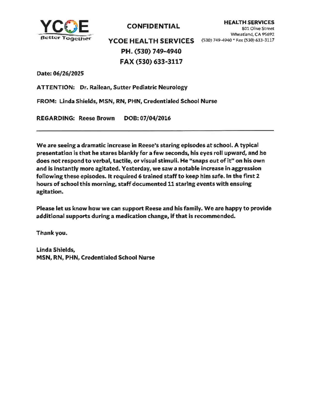 YCOE Health Services Incident Report for Reese Brown - 801 Olive St ...
