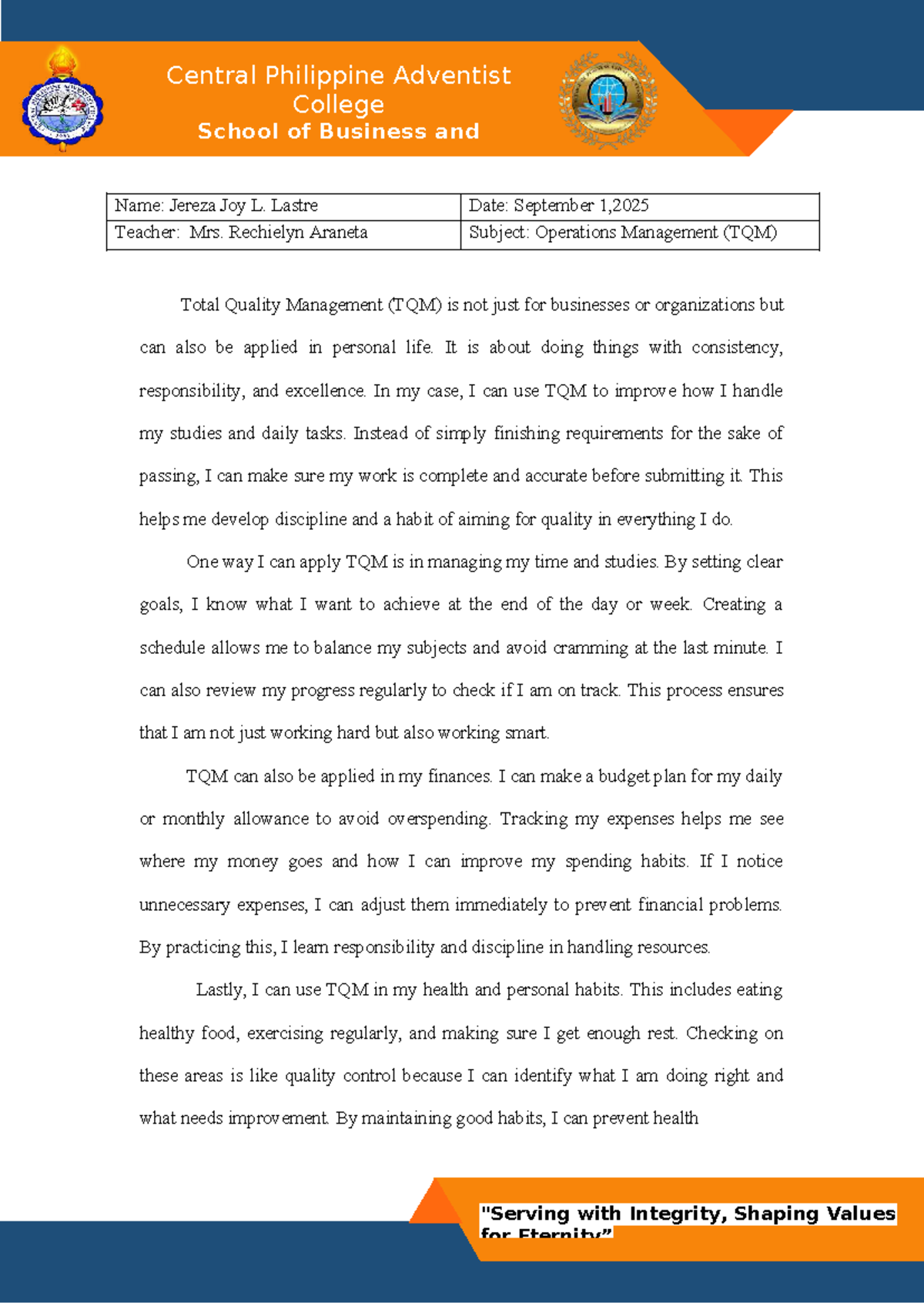 Activity 1: Applying Total Quality Management (TQM) in Daily Life - Studocu