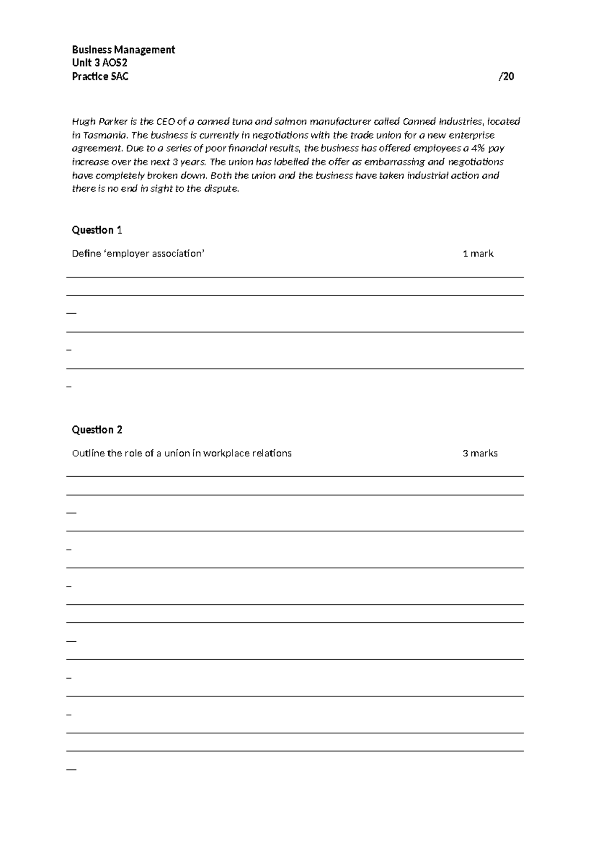 Business Management Unit 3 AOS2 Practice SAC Notes on Canned Industries ...