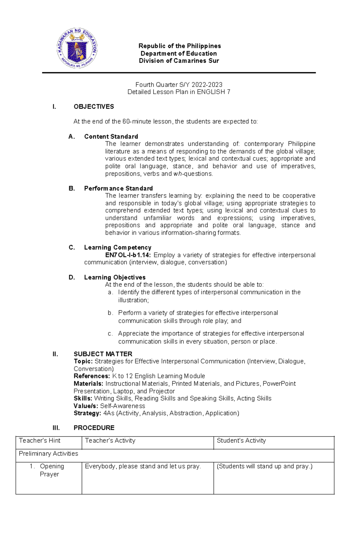 Detailed Lesson Plan: Strategies for Effective Interpersonal ...