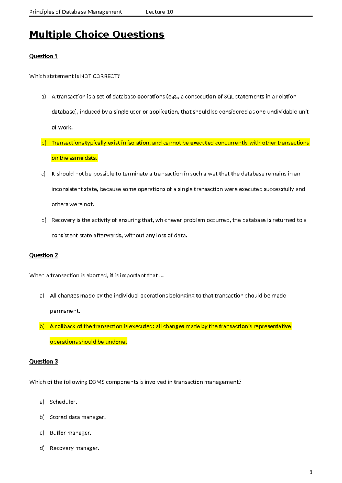 Principles of Database Management (DBM101) Lecture 10 MCQs - Studocu
