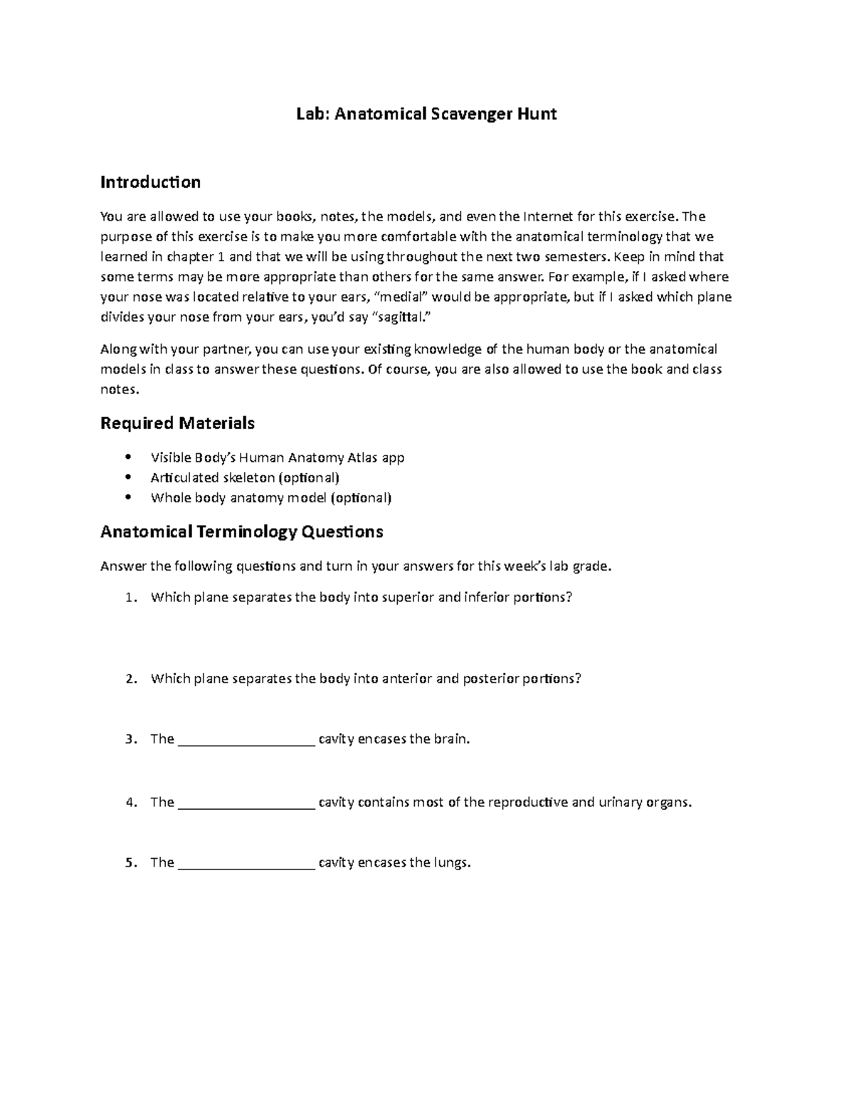 Lab 1: Anatomical Scavenger Hunt - Exploring Terminology Basics - Studocu
