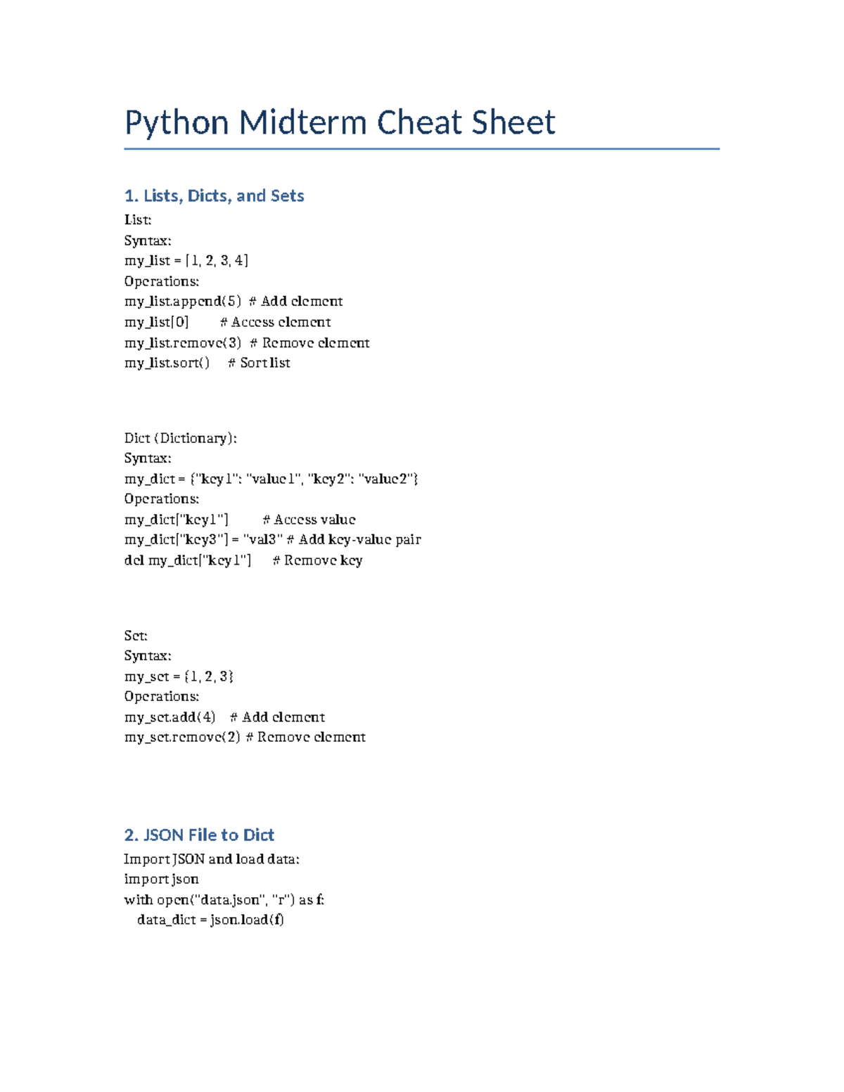 Python Midterm Study Guide: Key Concepts and Code Snippets - Studocu
