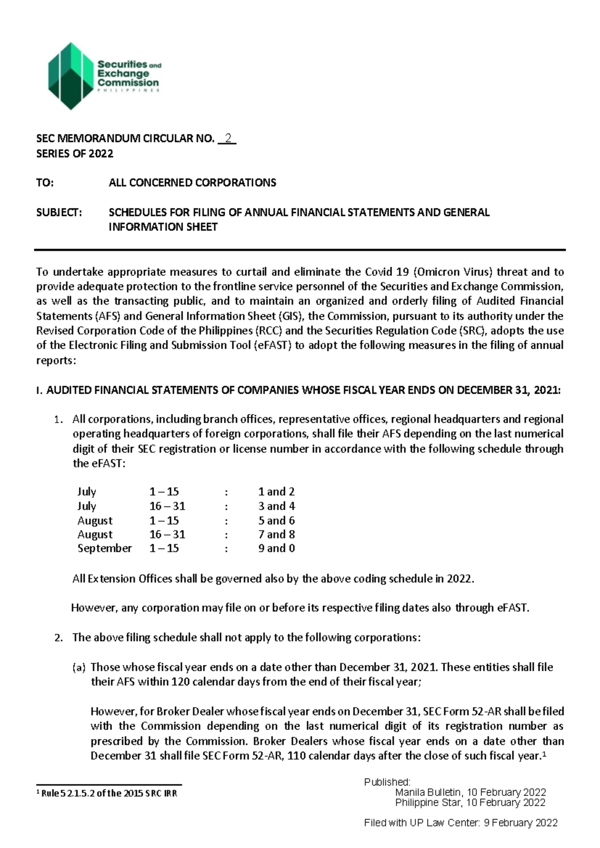 2022MCNo02 - SEC MC on AFS Filing Schedules and eFAST Usage - Studocu