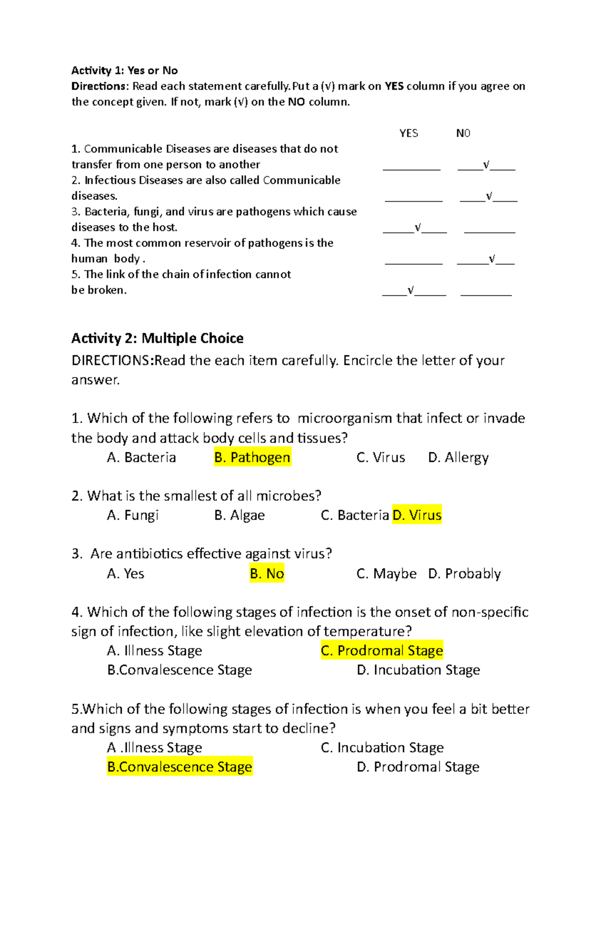Health 3 - PEH - Activity 1: Yes or No Directions: Read each statement ...