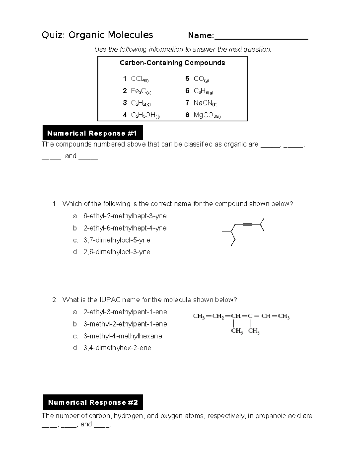 Quiz: Organic Molecules - Identification and Classification - Studocu