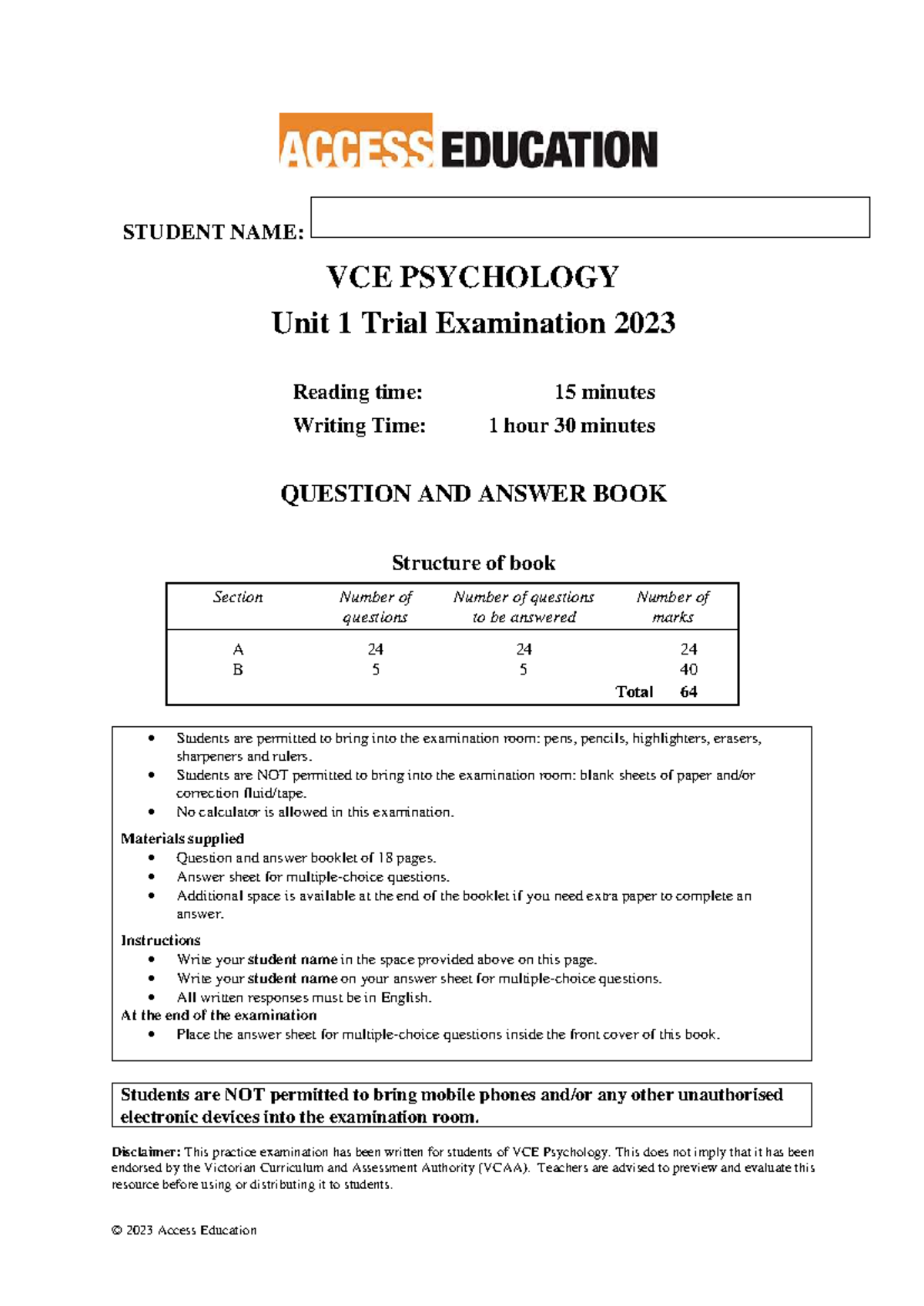 Access Ed VCE Psychology Unit 1 Trial Exam 2023: Comprehensive Review ...