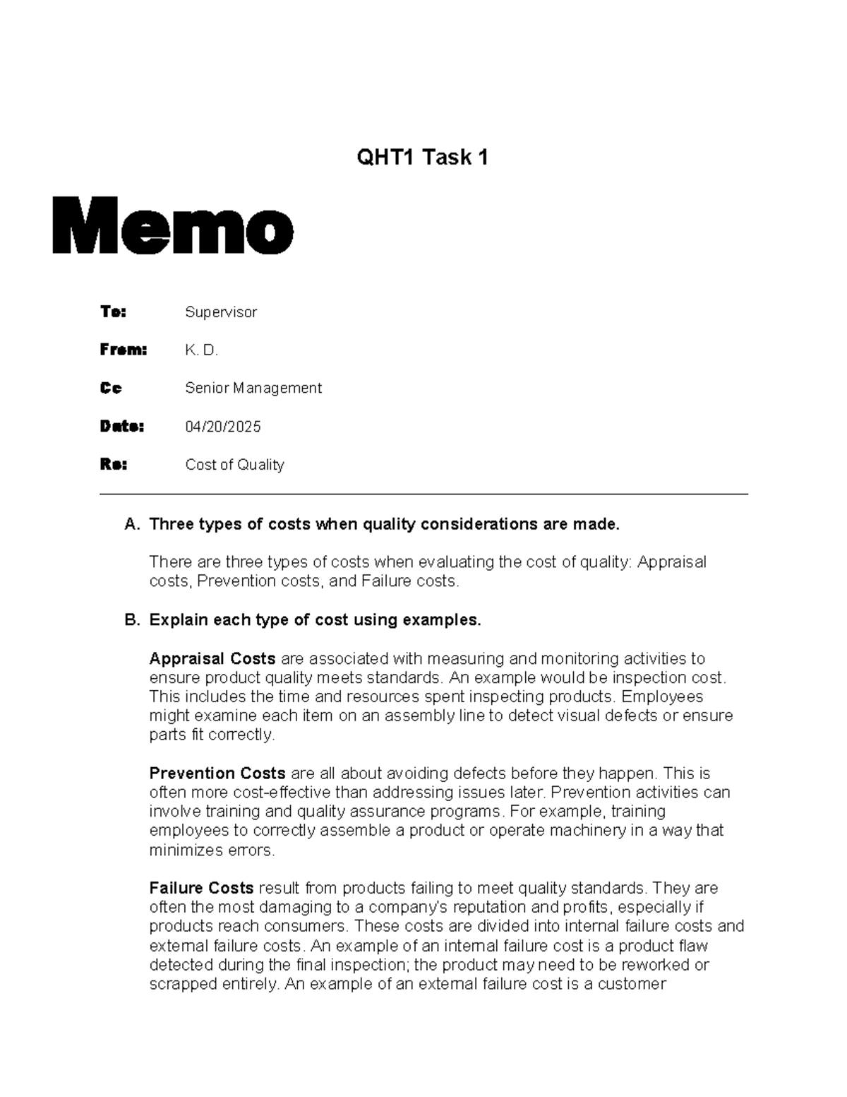 QHT1 Task 1 - Understanding the Cost of Quality: Types & Examples - Studocu