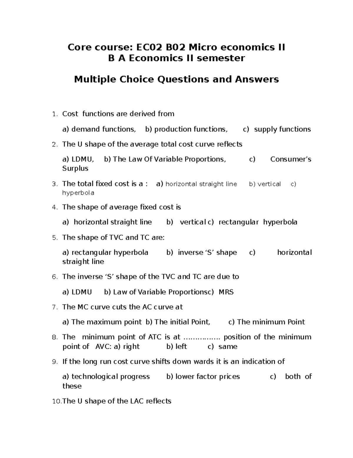 EC02 B02 Microeconomics II: Multiple Choice Questions & Answers - Studocu