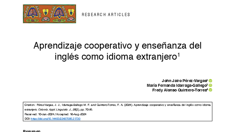 RESEARCH ARTICLES: Aprendizaje Cooperativo y Enseñanza del Inglés como Idioma - Studocu